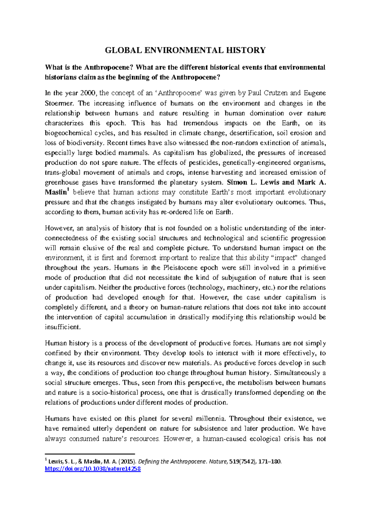 Global Environmental History: Understanding the Anthropocene Epoch ...