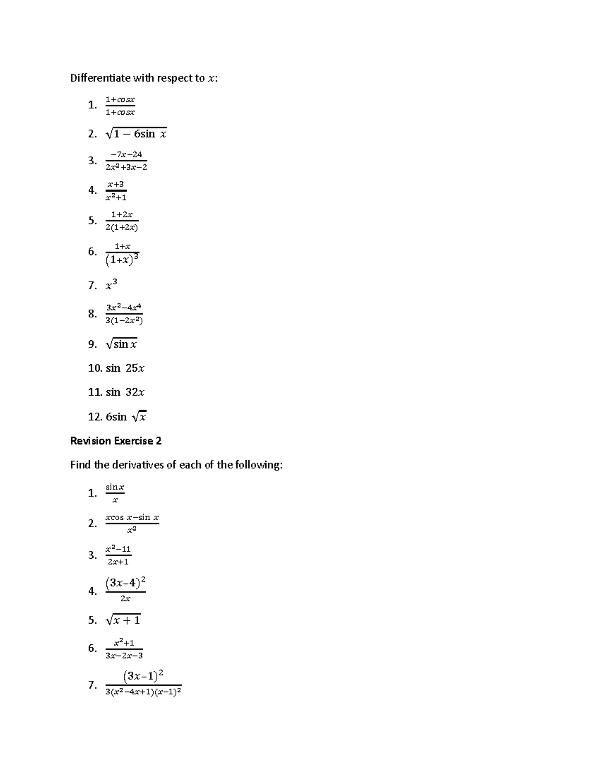 Calculus Revision Exercises: Derivatives & Integrals - Studocu