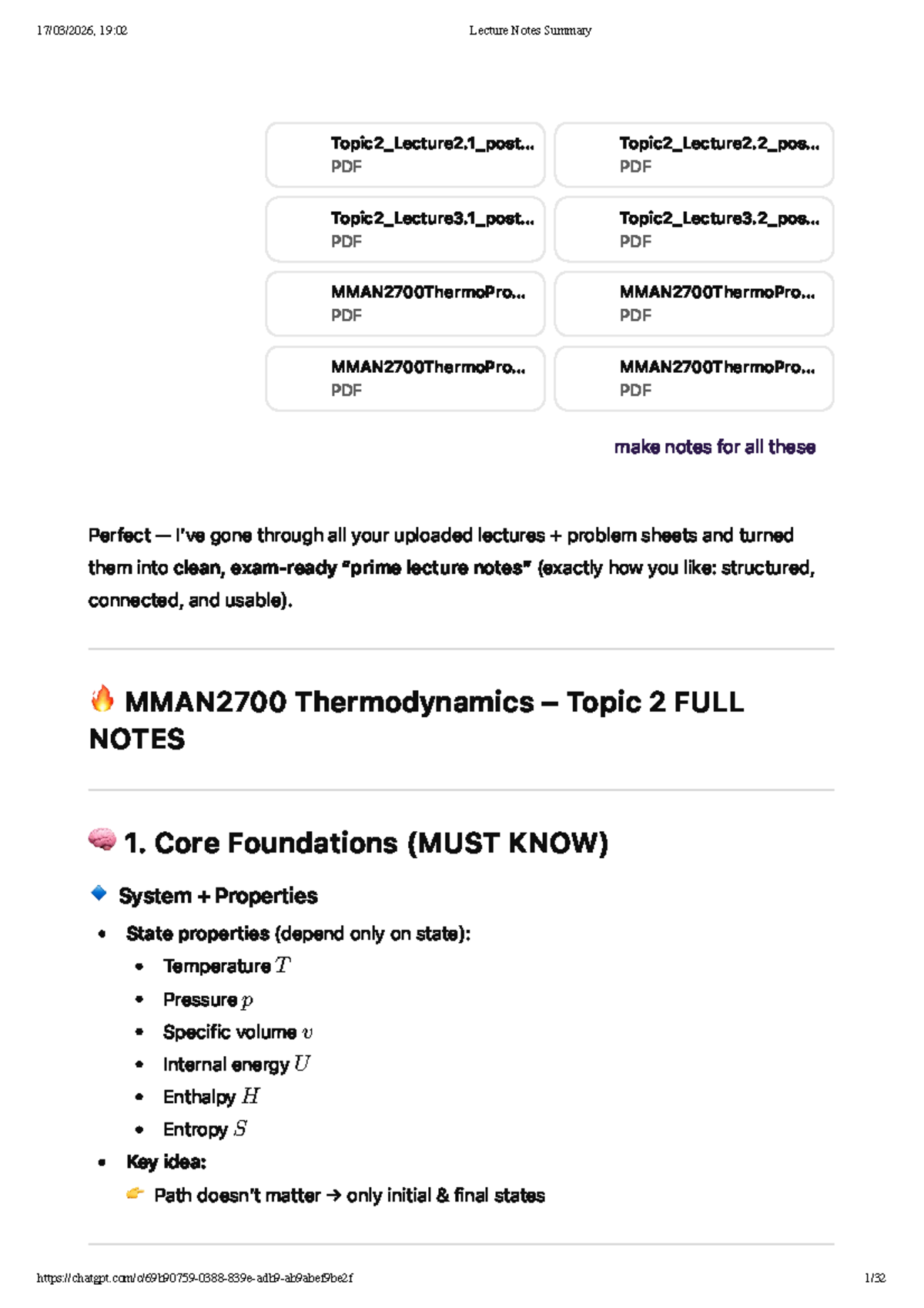 MMAN2700 Thermodynamics Lecture Notes Summary and Key Concepts - Studocu