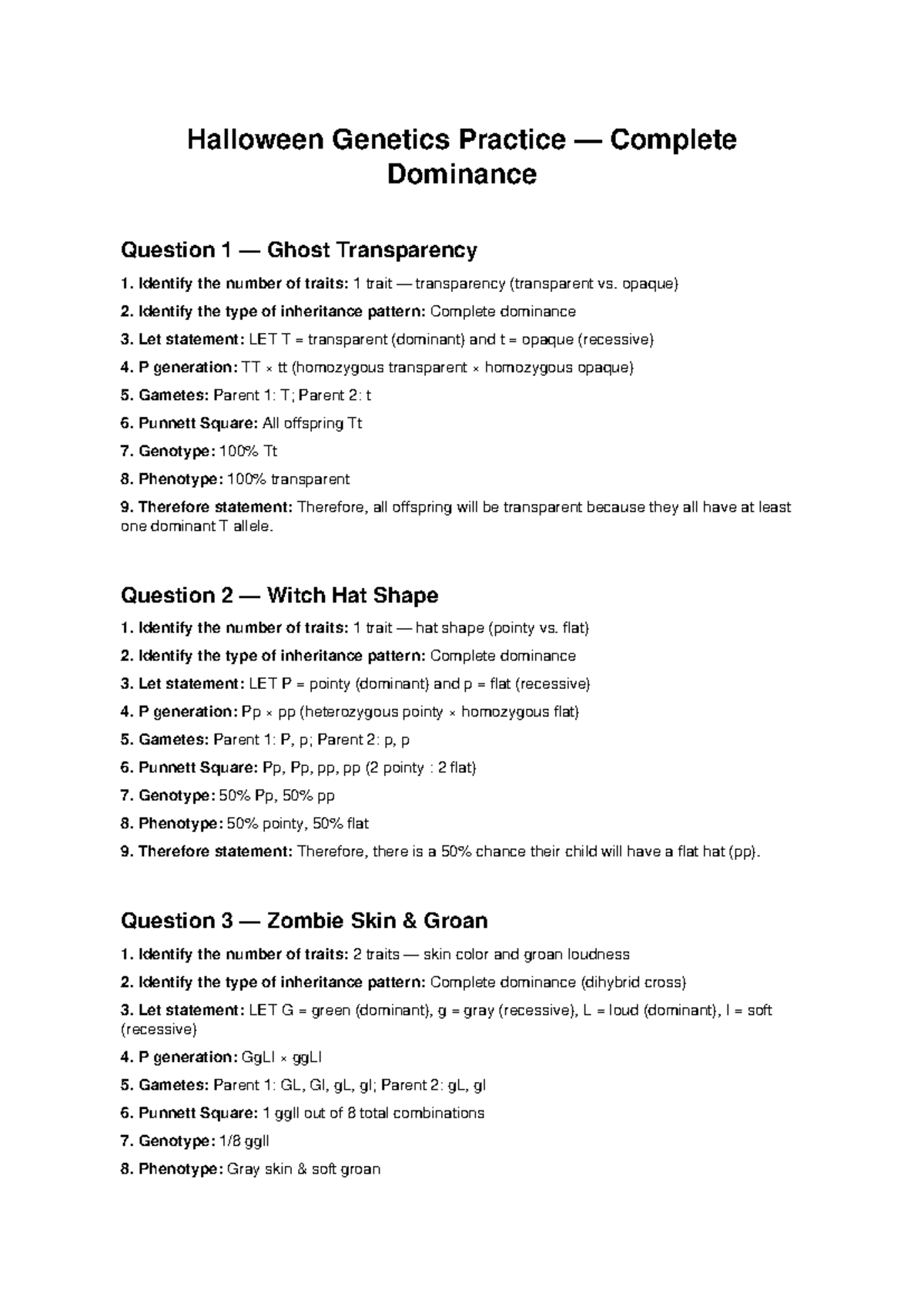 Halloween Genetics Practice Answers: Complete Dominance Questions - Studocu