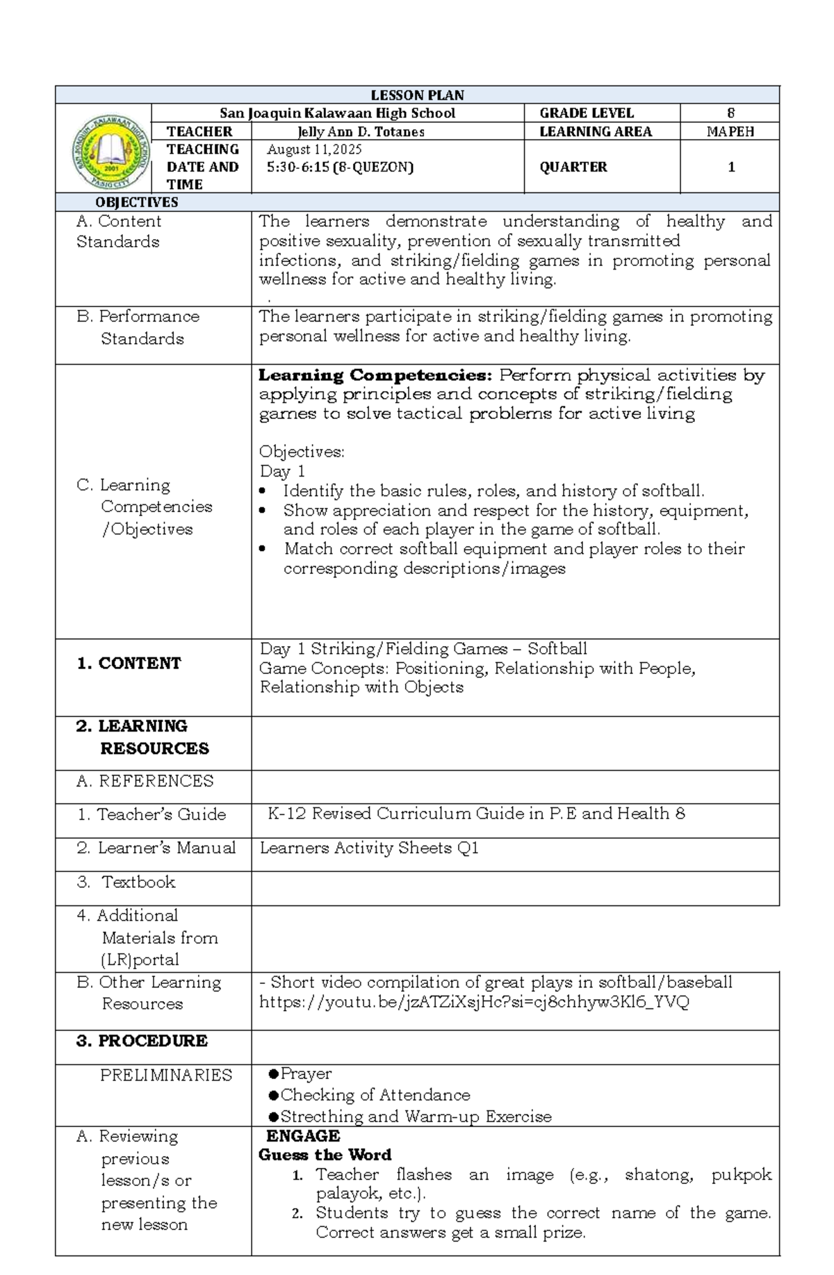 COT-PE&H - Lesson Plan for Softball and Personal Wellness - Studocu