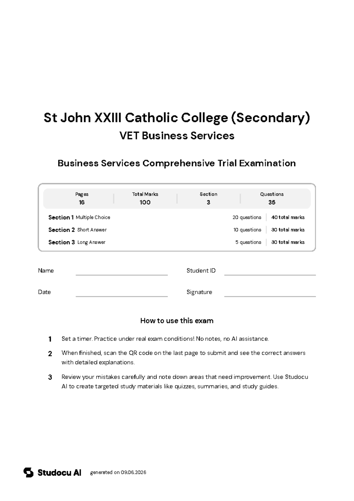 VET Business Services Comprehensive Trial Exam - Studocu