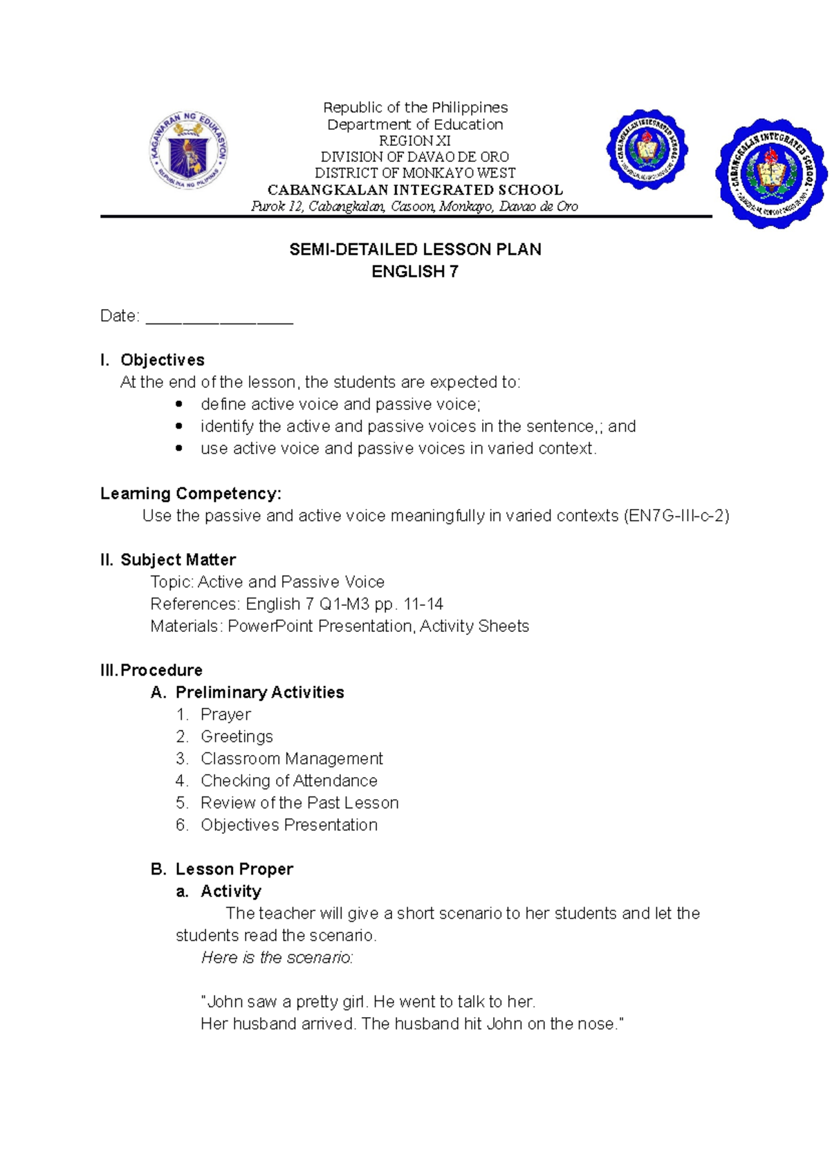 DLP 7 - Semi-Detailed Lesson Plan on Active and Passive Voice - Studocu