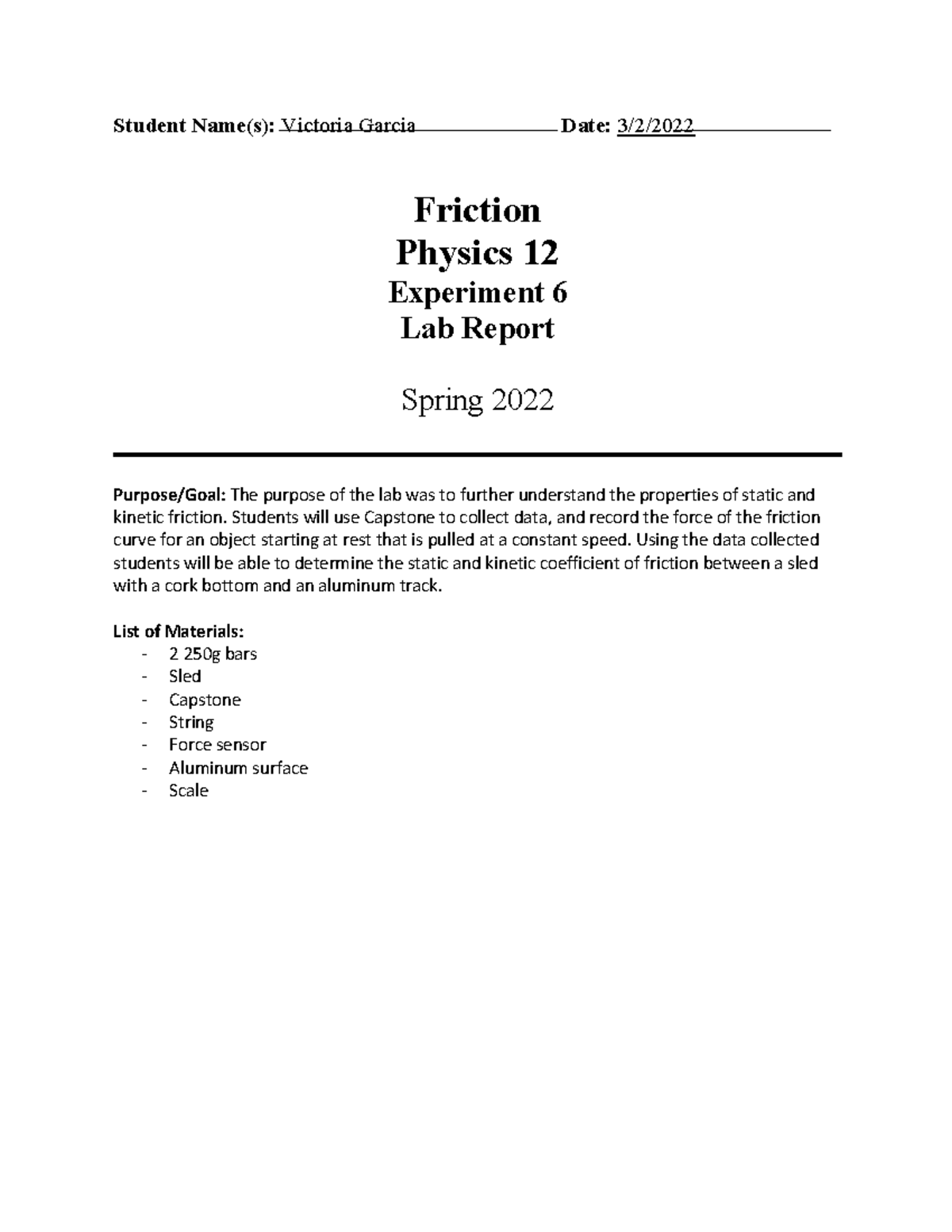 Physics Lab Report - PHY012: Experiment 6 on Friction Analysis - Studocu