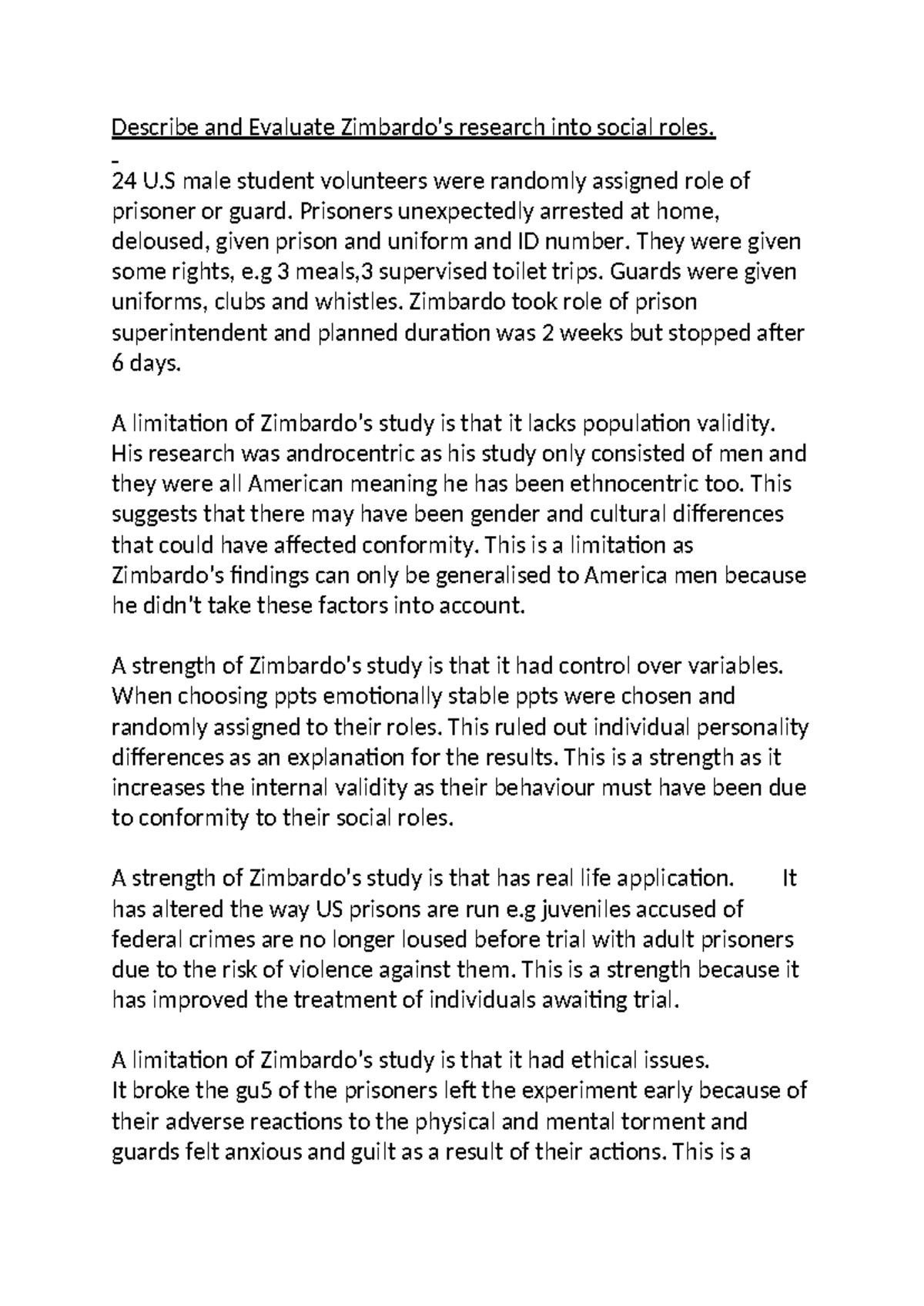 Describe and Evaluate Zimbardo's Research on Social Roles - Studocu