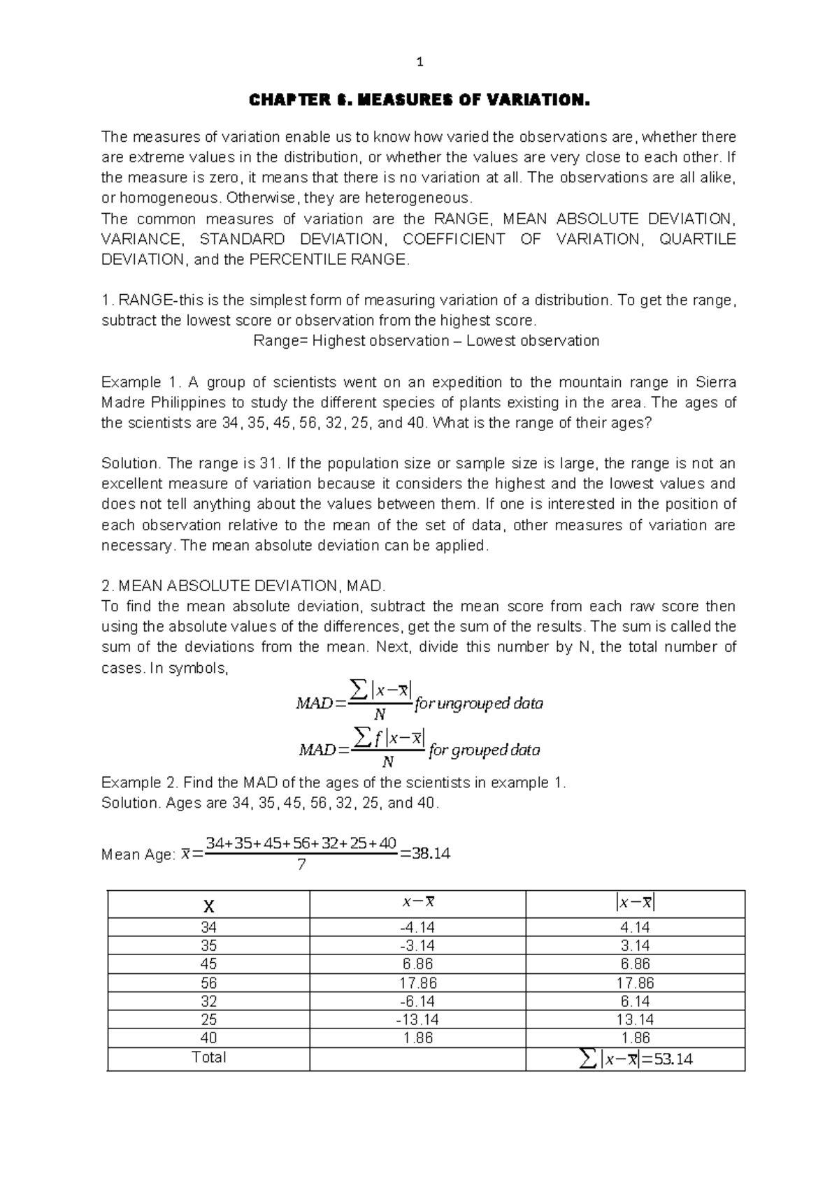 Chapter 6: Measures of Variation and Deviation Analysis - Studocu