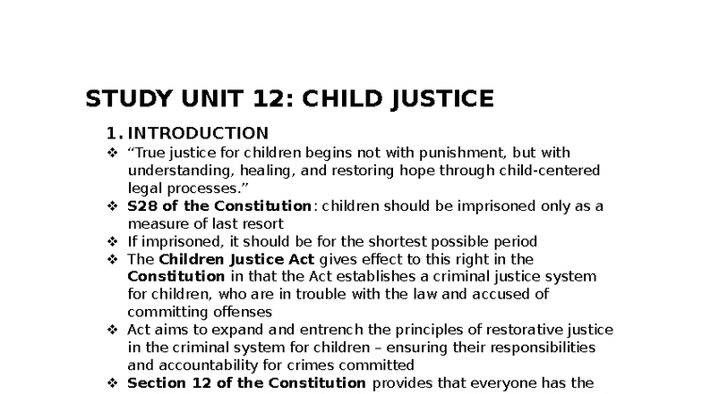 Legal Practice Notes: Summaries of Study Units 12-14 on Child Justice ...