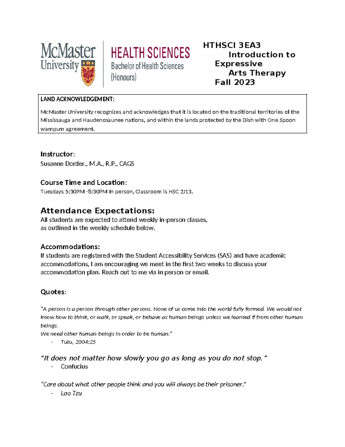 HTH SCI 3EA3 – Introduction to Expressive Arts Therapy Coures Outline ...