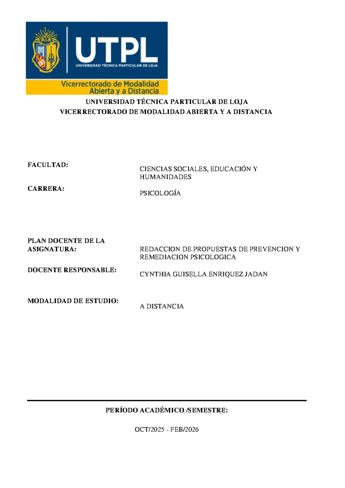 Plan Docente PSIC_3064: Redacción de Propuestas Psicológicas - Studocu