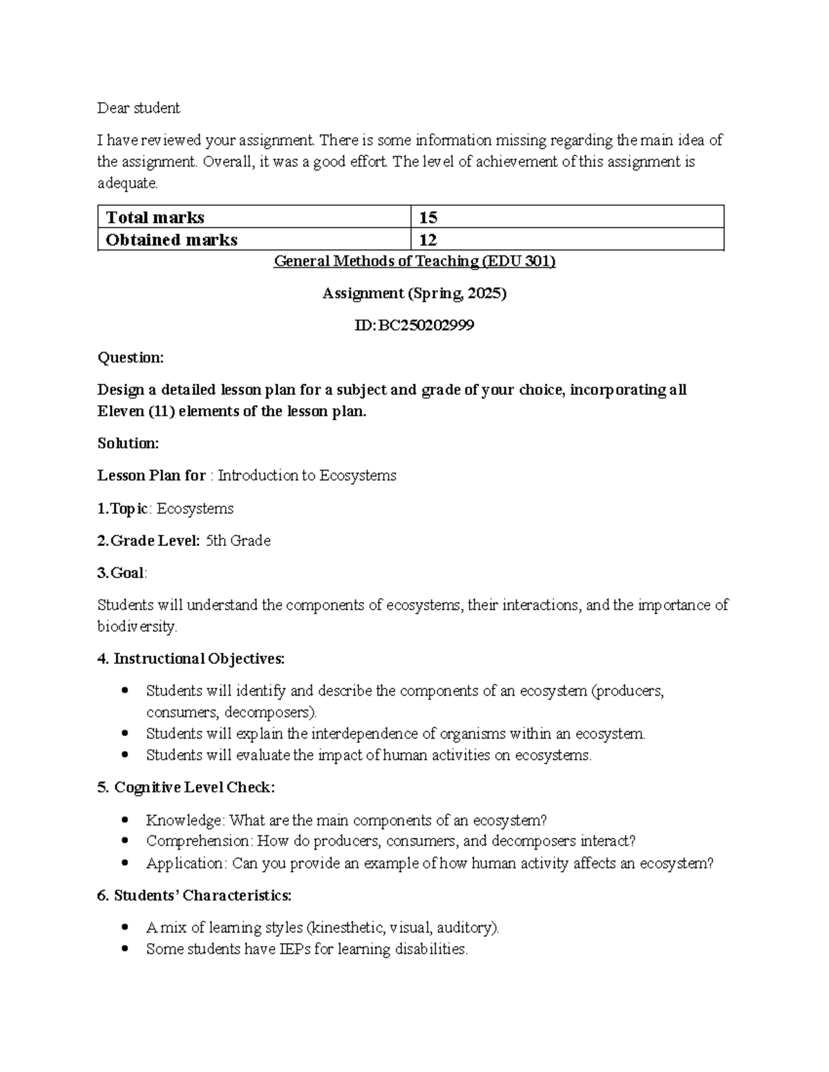 EDU 301 Spring 2025: Lesson Plan on Ecosystems for 5th Grade - Studocu