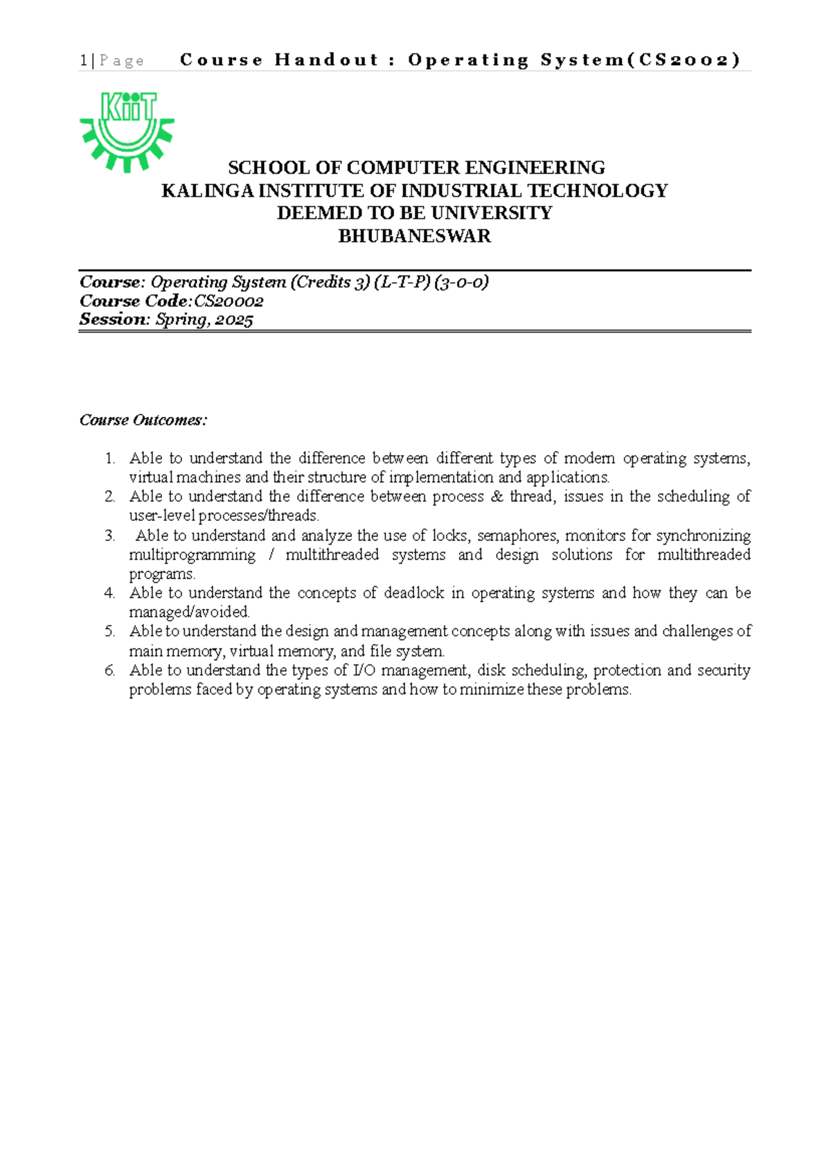 Modified OS-Day wise Course Handout Spring 2025 4th sem - Copy - SCHOOL OF COMPUTER ENGINEERING ...