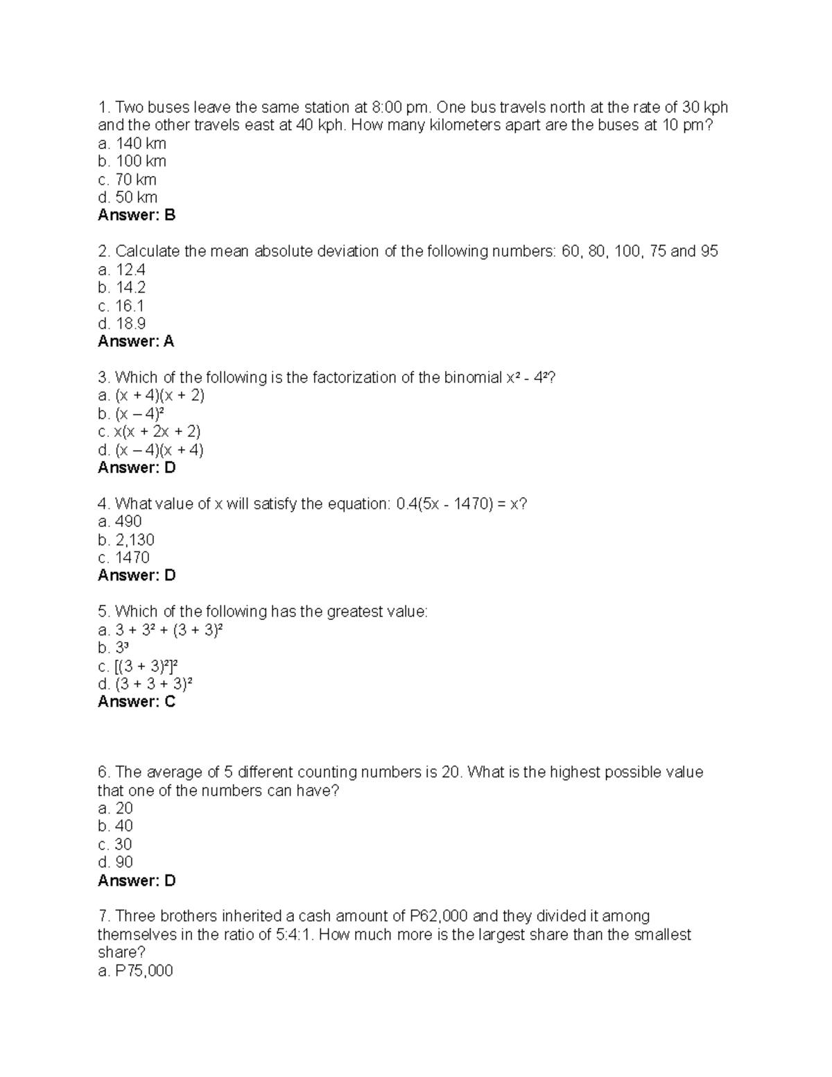 General Education math - Two buses leave the same station at 8:00 pm ...