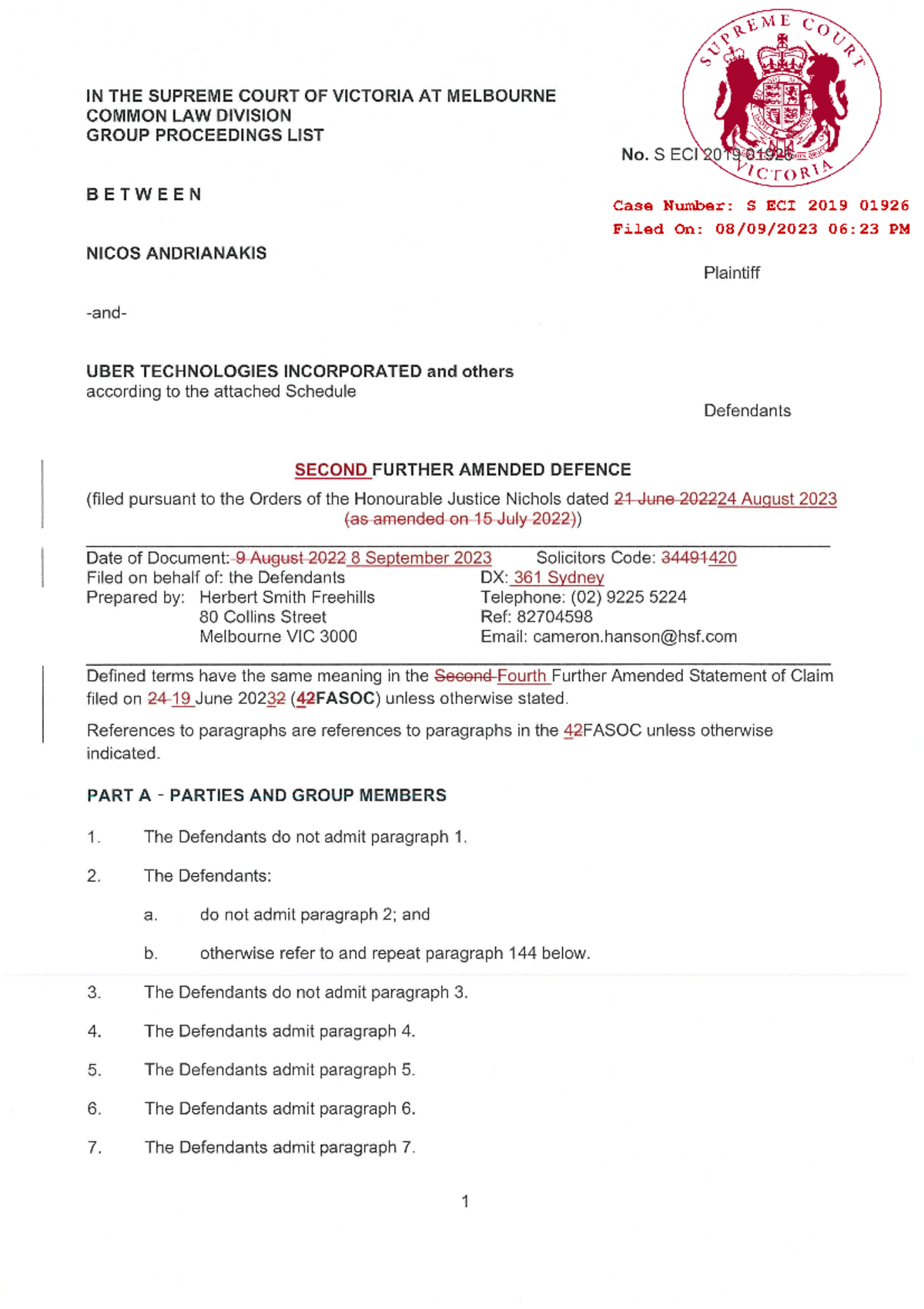 Second Further Amended Defence dated 8 September 2023 (Andrianakis ...