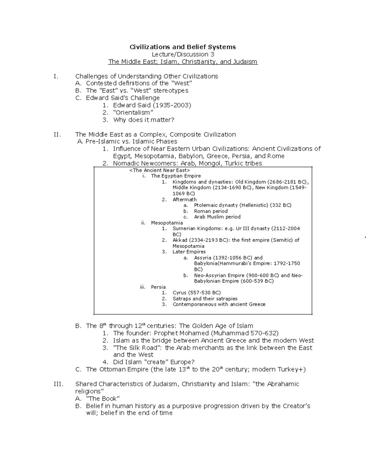 Lecture 3 - Summary of Civilizations & Belief Systems (Islam ...