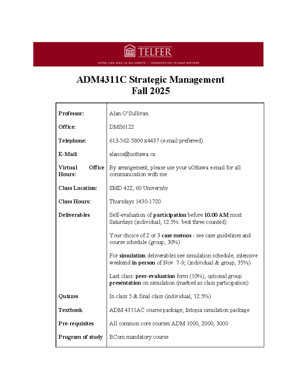 ADM4311C Strategic Management Course Outline - Fall 2025 - Studocu