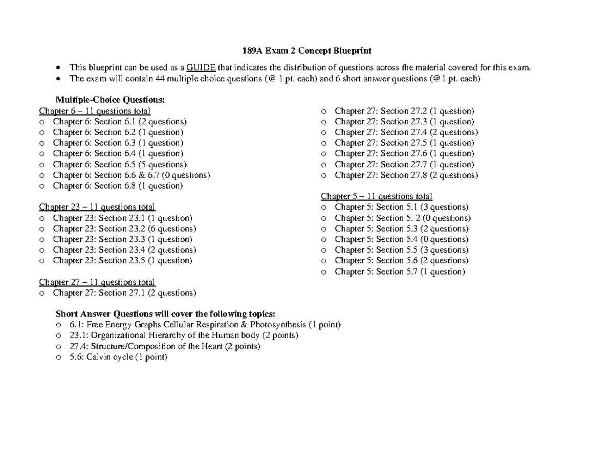 189A Exam 2 Question Distribution Blueprint - Studocu