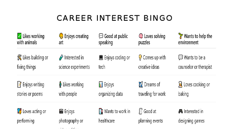 Career Interest Bingo - Interactive Game for Self-Discovery - Studocu