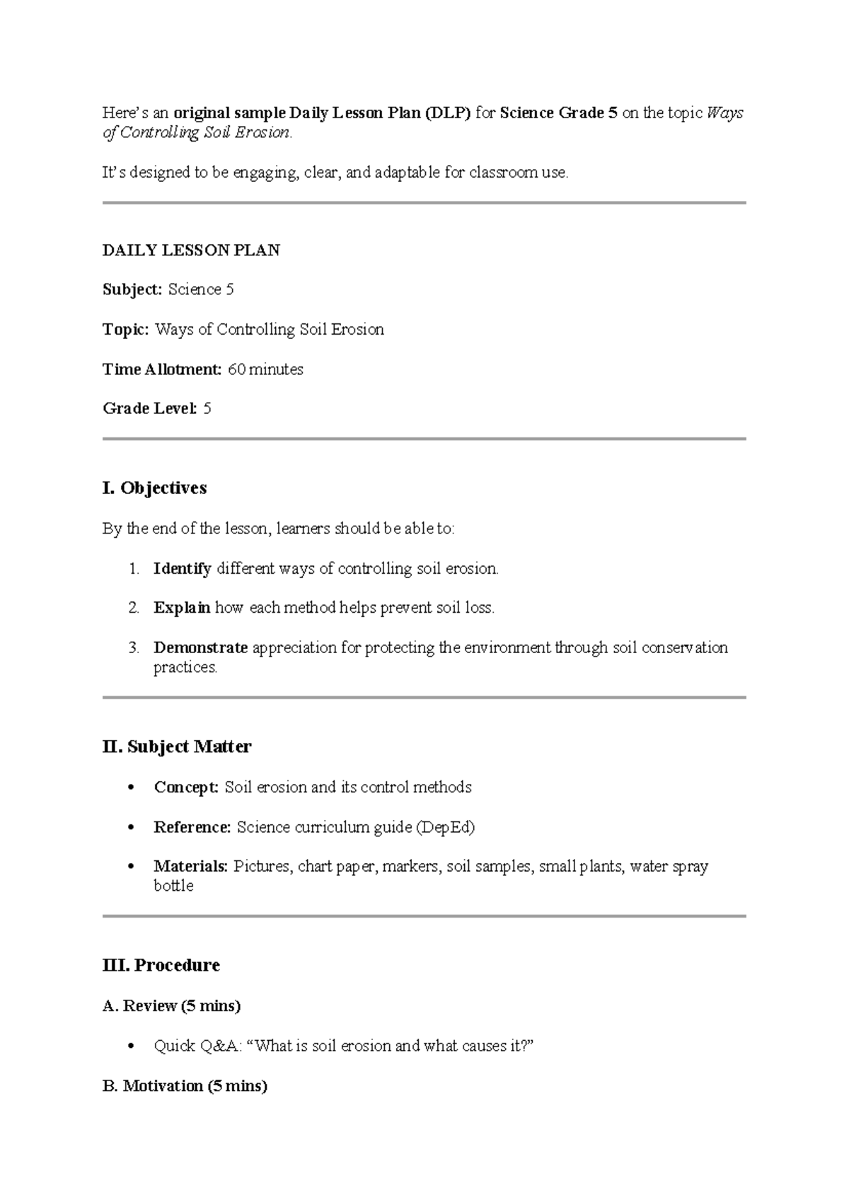 Daily Lesson Plan (DLP) for Science 5: Controlling Soil Erosion - Studocu