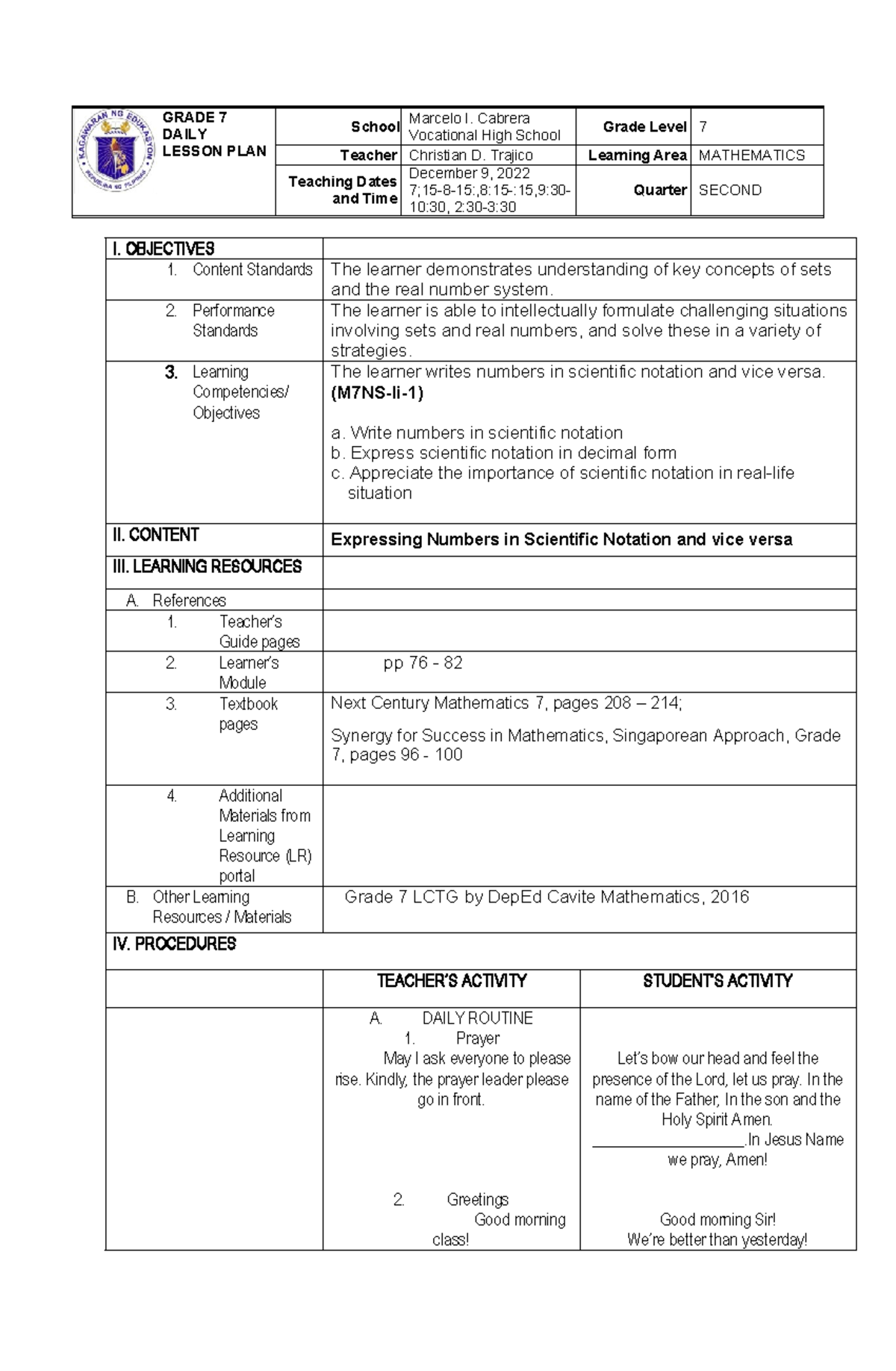 GRADE 7 MATHEMATICS DAILY LESSON PLAN: SCIENTIFIC NOTATION - Studocu