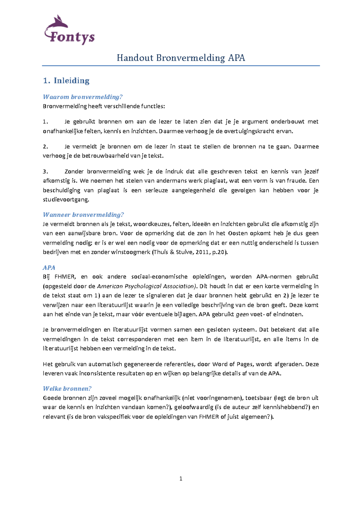 Handout Bronvermelding volgens APA-richtlijnen voor FHMER - Studeersnel