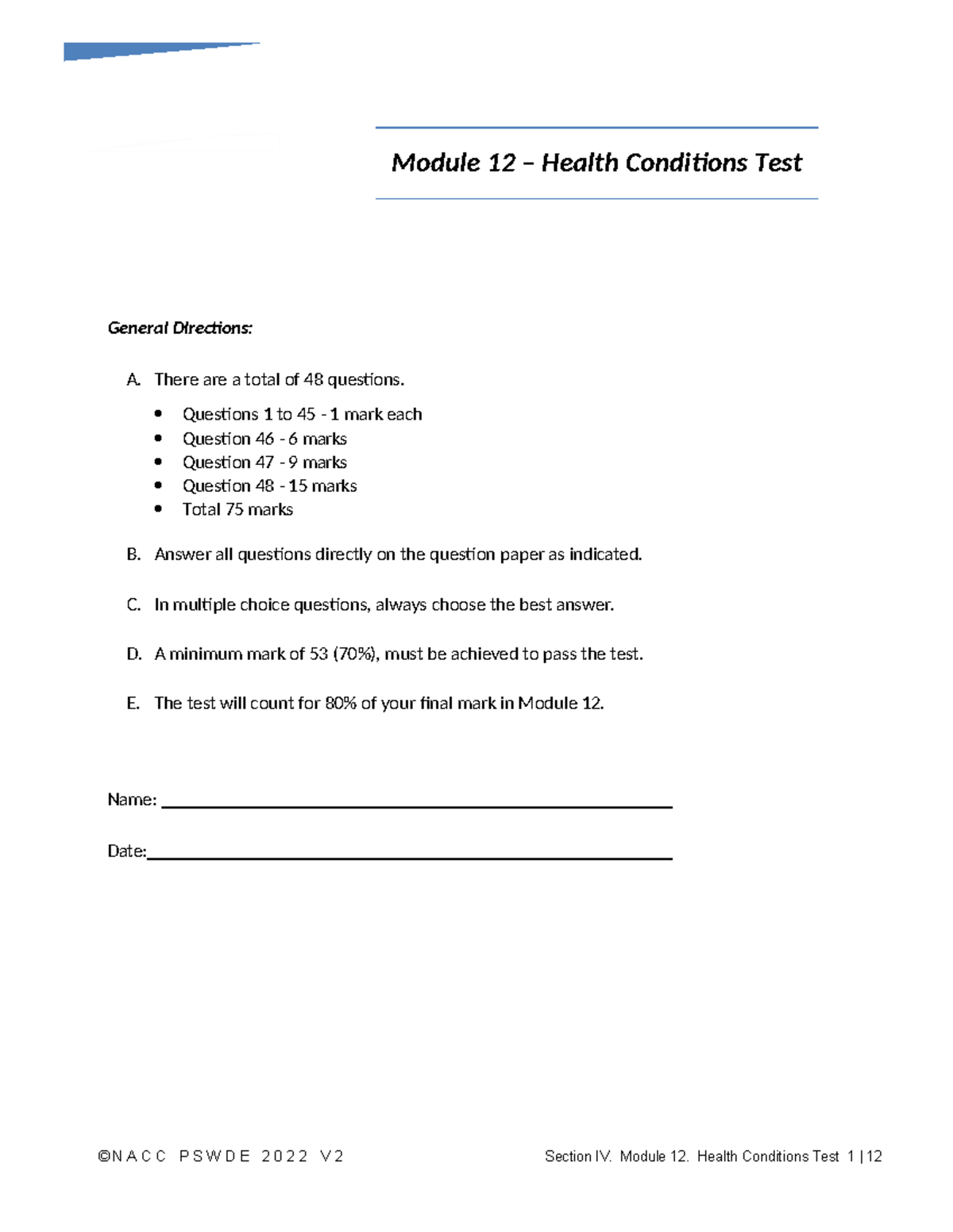IV-13 Test - Module 12: Health Conditions General Directions - Studocu