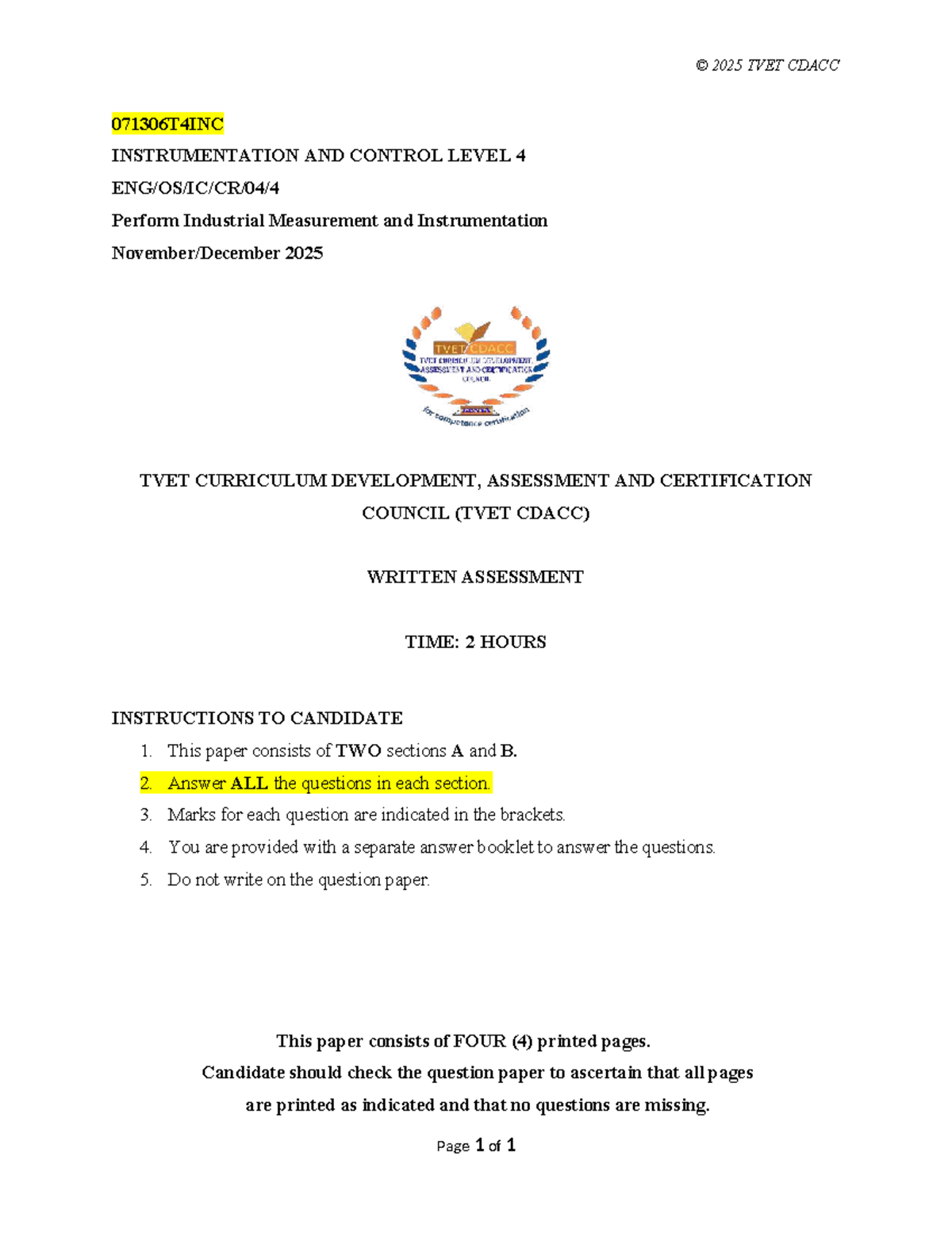 2025 TVET CDACC 071306T4INC Instrumentation & Control Notes - Studocu