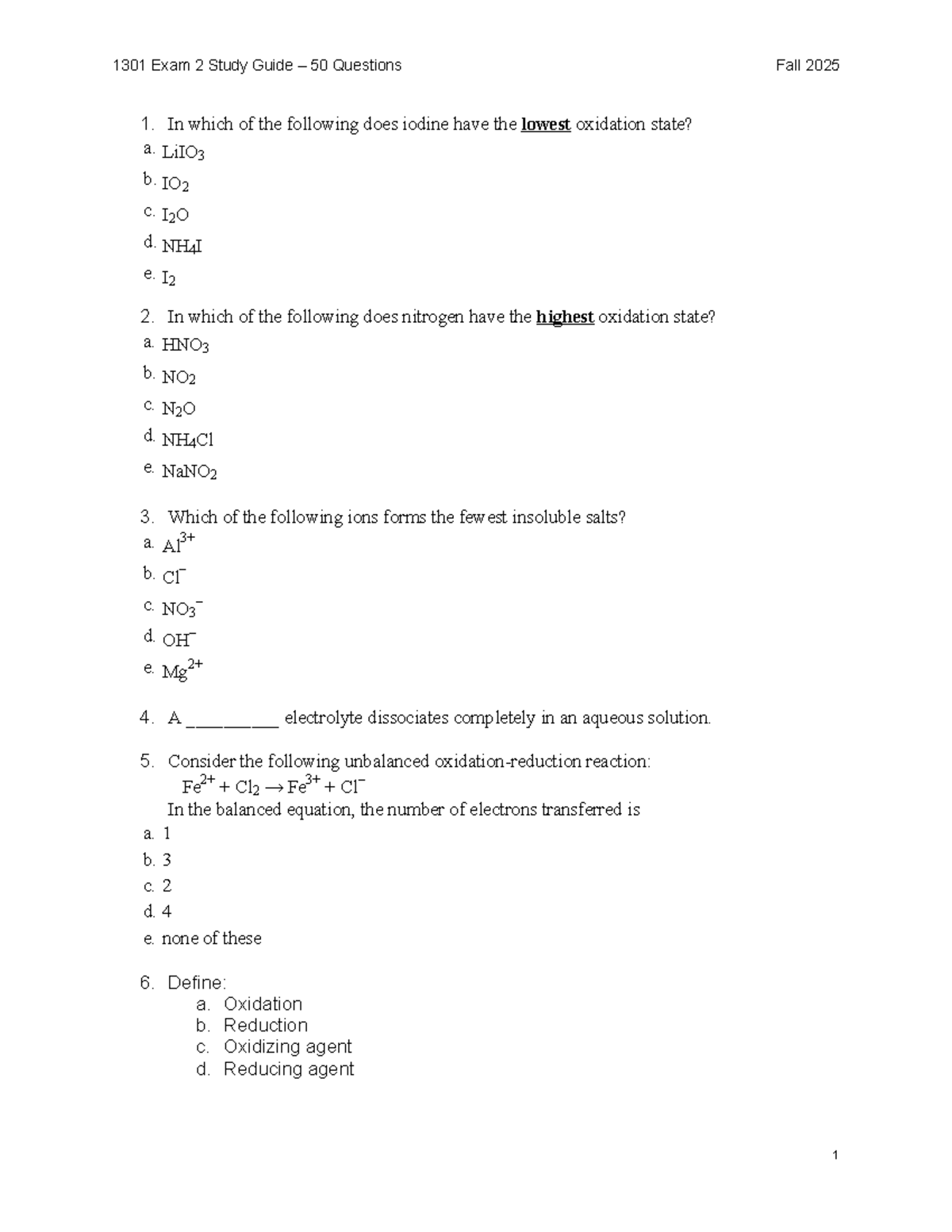 1301 Final Exam Study Guide: Chemical Reactions & Equations - Studocu