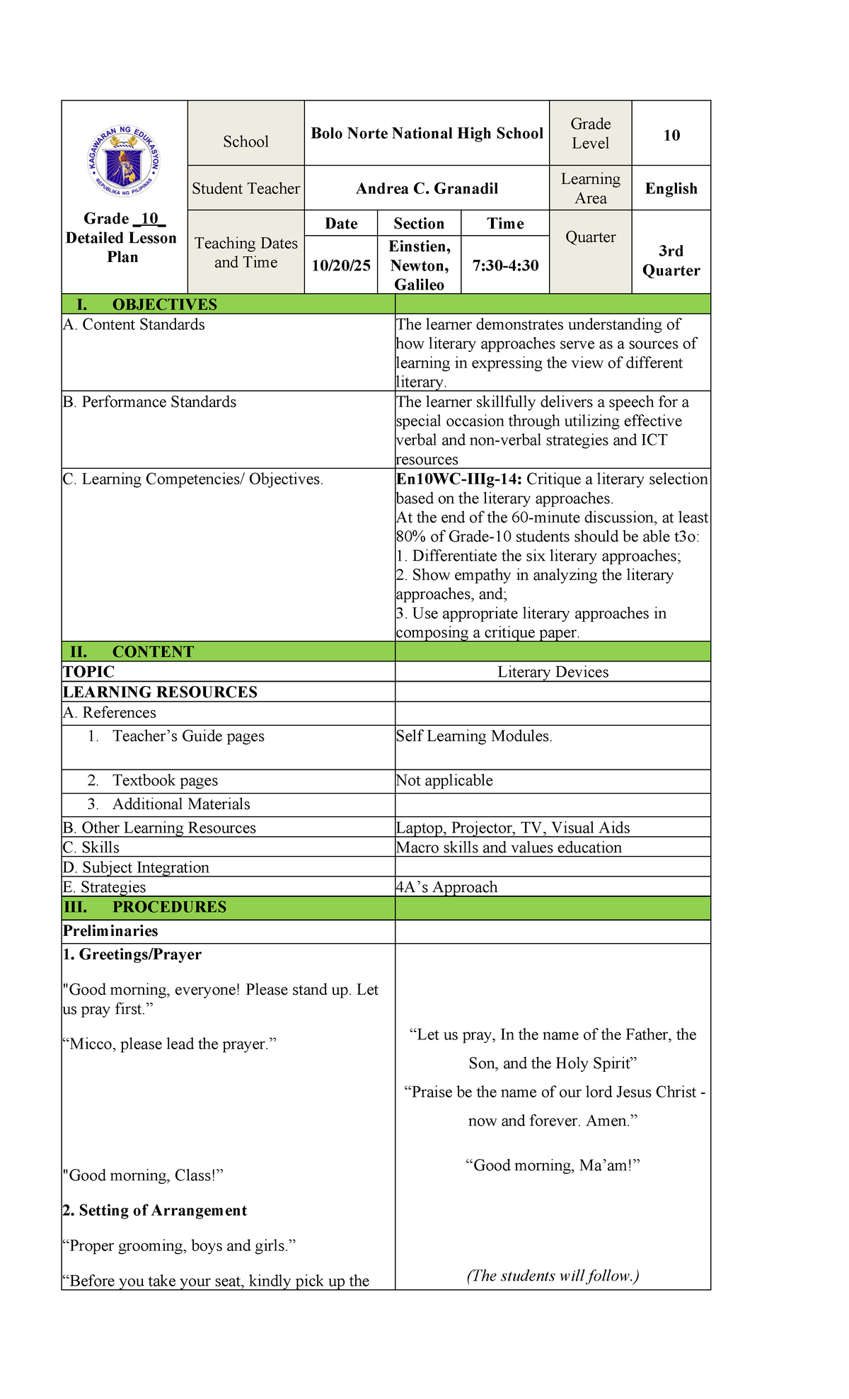 Grade 10 English Detailed Lesson Plan on Literary Approaches - Studocu