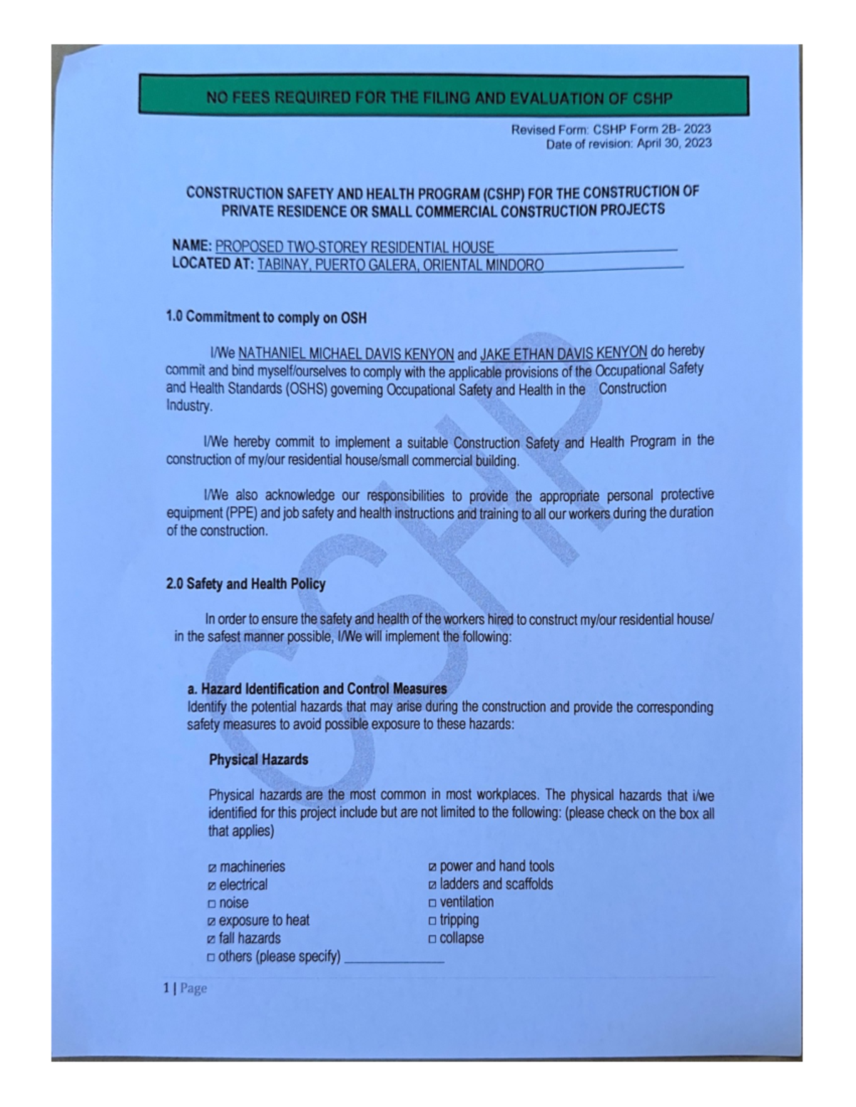 Revised CSHP for Private Residence: Safety & Health Protocols (CSHP ...
