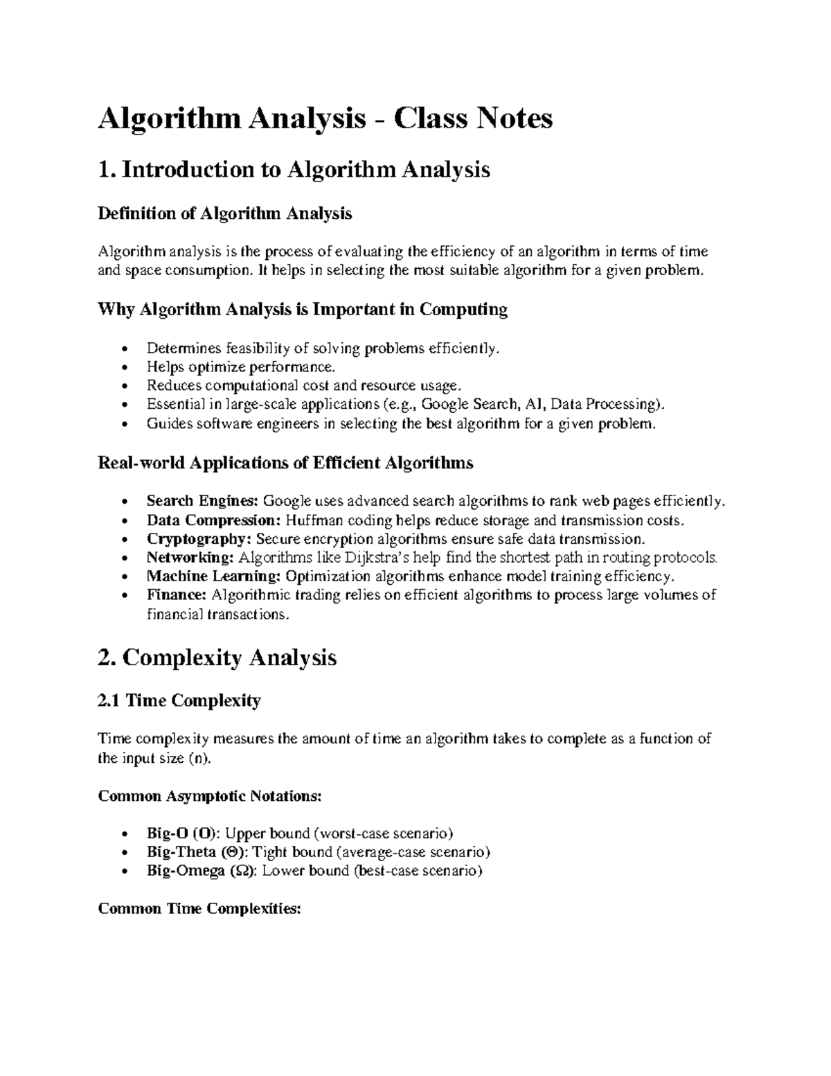 Algorithm Analysis Class Notes: Efficiency, Complexity & Design ...