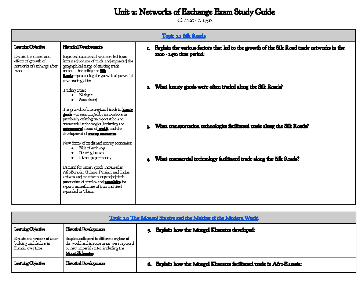 Unit 2 Exam Study Guide: Networks of Exchange (c. 1200 - c. 1450) - Studocu