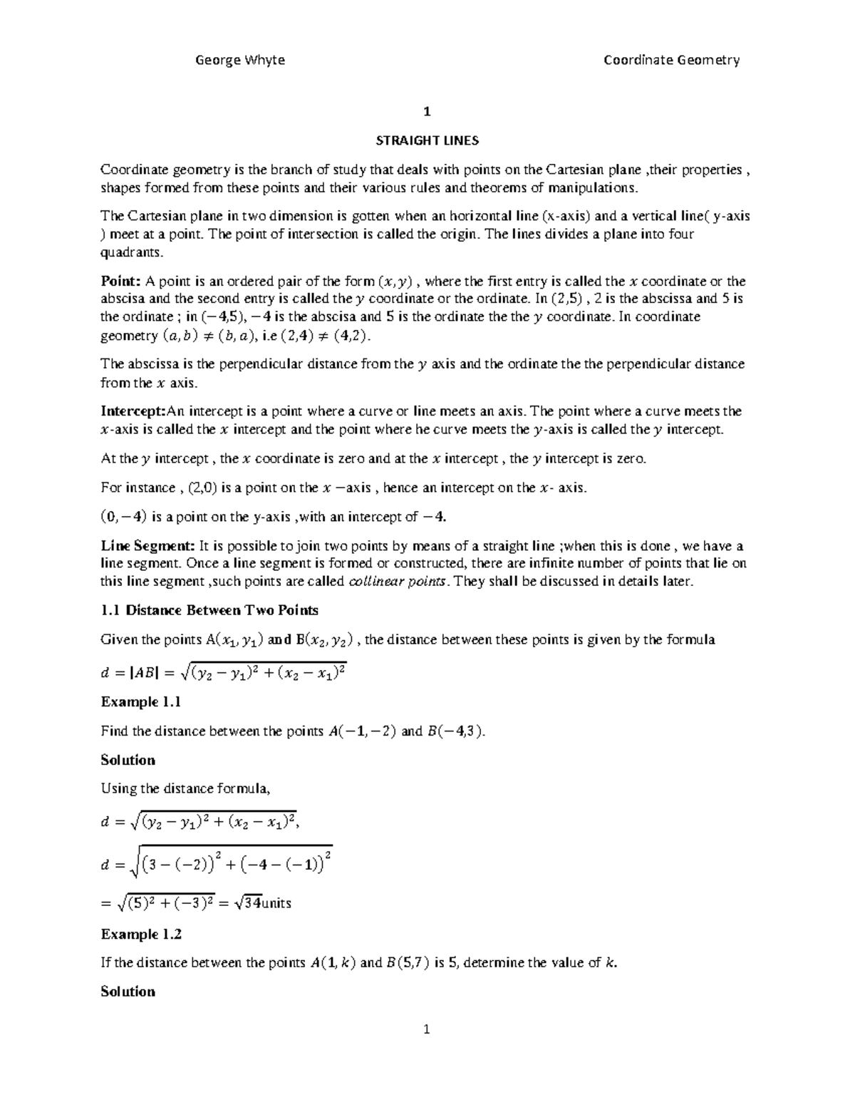 Coordinate Geometry 1: Straight Lines - George Whyte's Notes - Studocu