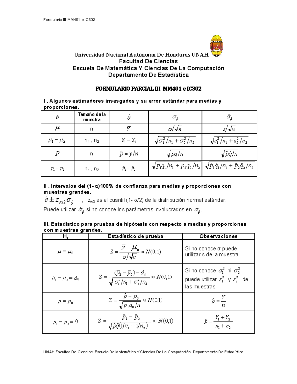 Formulas y Estimadores Insesgados MM401 e IC302 UNAH - Studocu