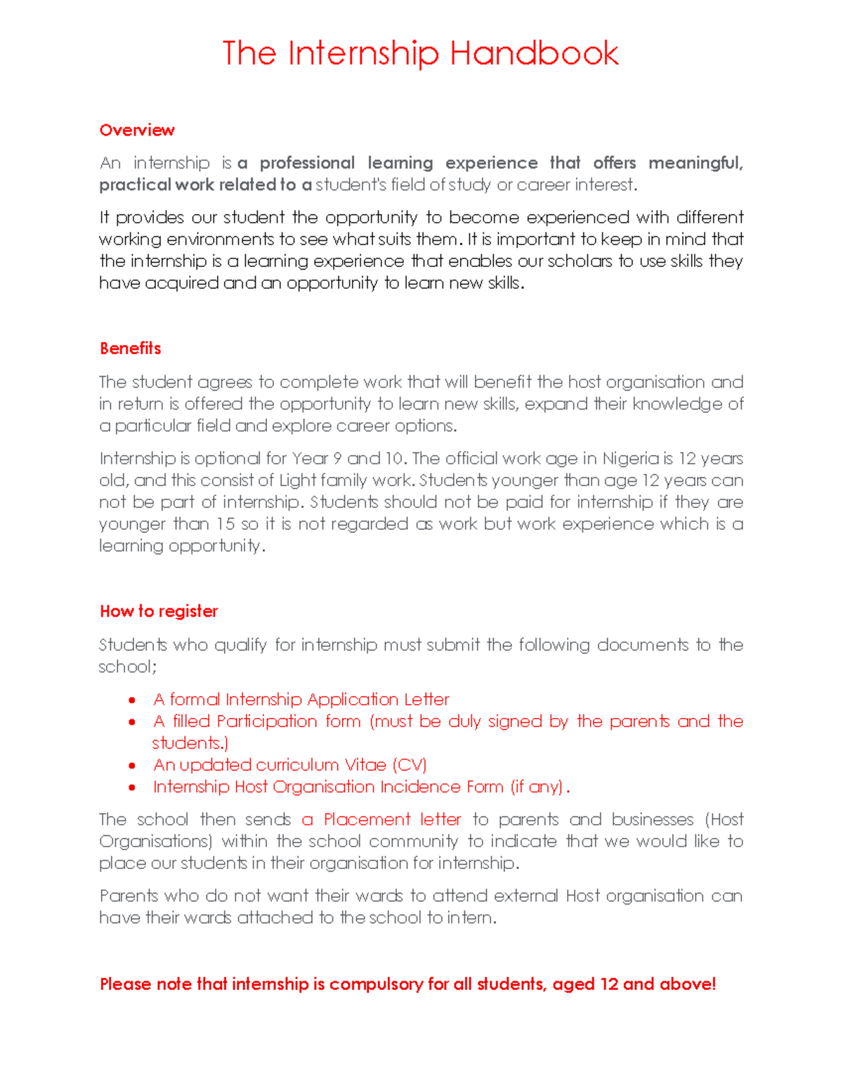 Internship Handbook Overview: Guidelines for Year 9-12 Students - Studocu