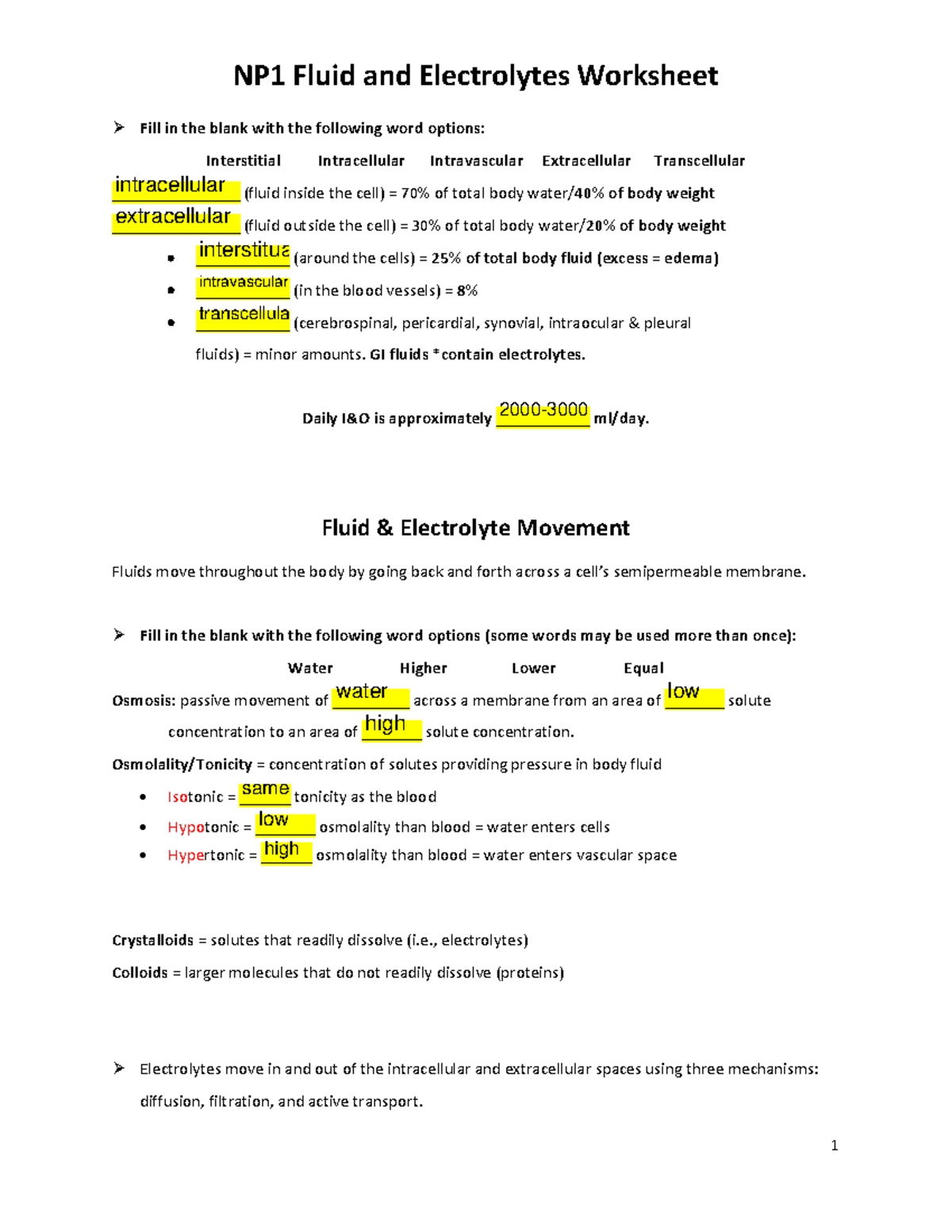 Fluid and Electrolyte Student Worksheet - NP1 Fluid and Electrolytes ...