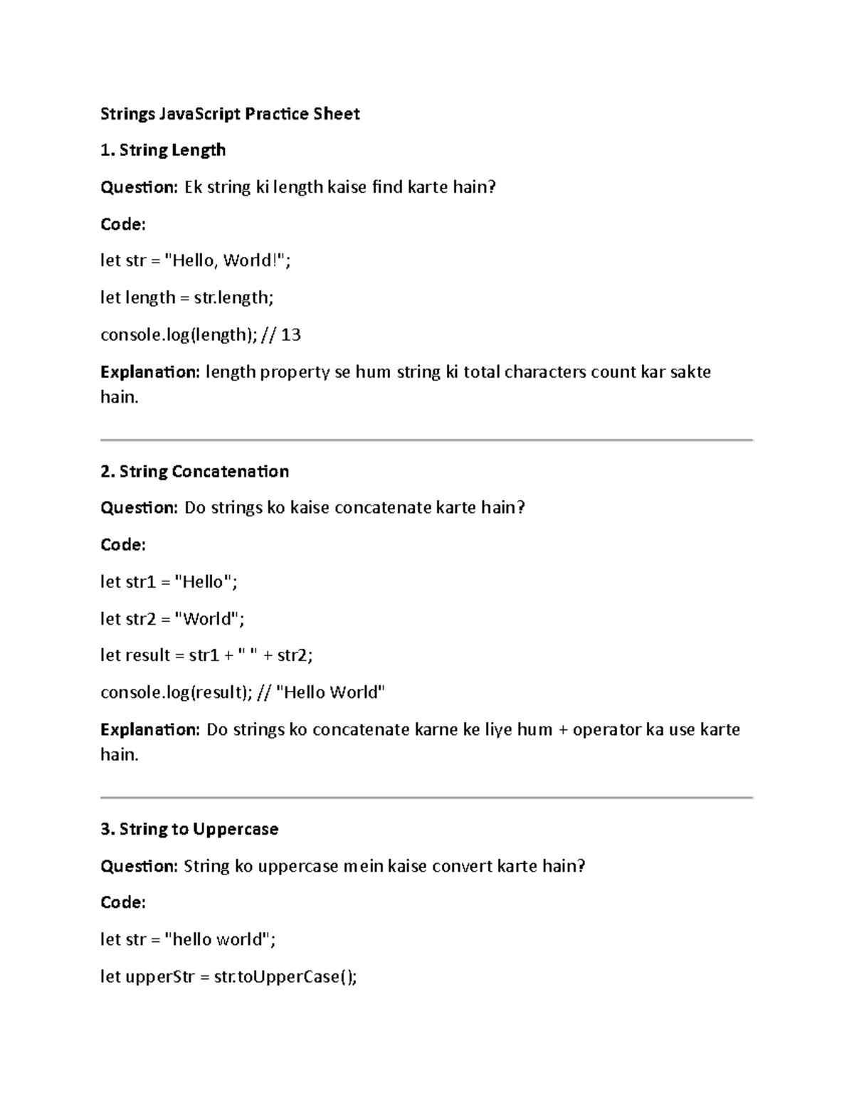 Strings Java Script Practice Sheet - Strings JavaScript Practice Sheet String Length Question ...