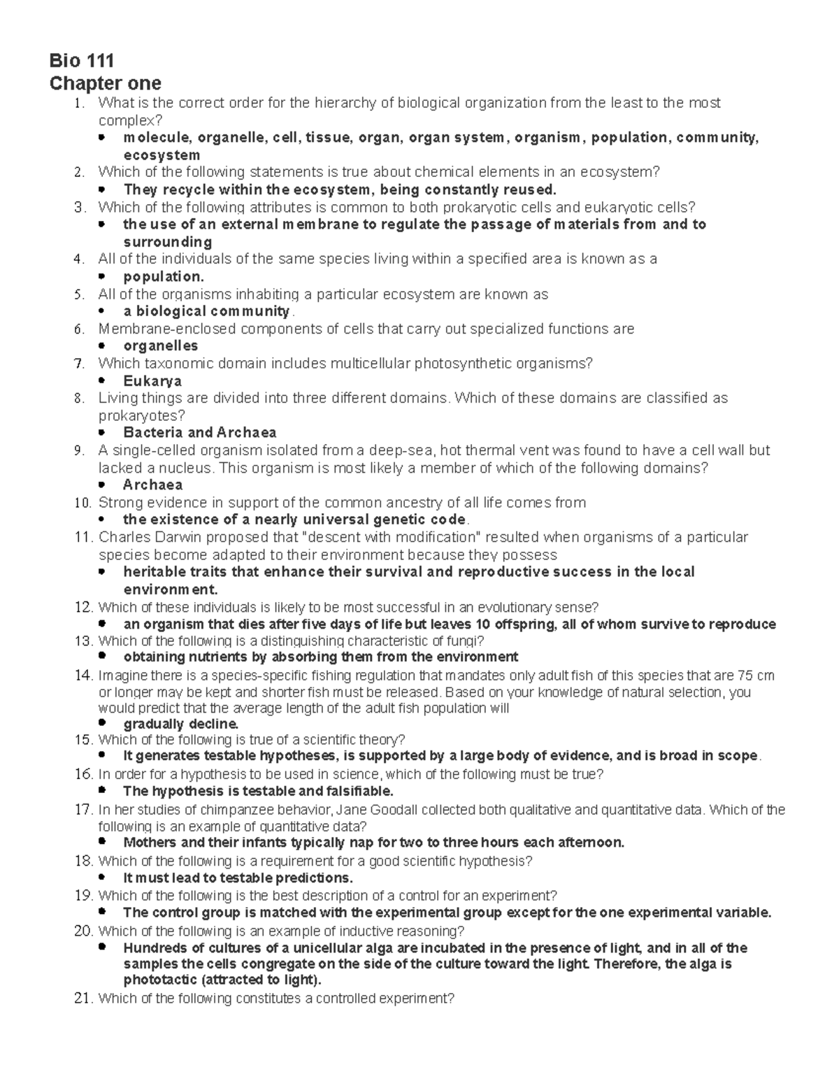 Bio 111 Exam 1 Comprehensive Study Guide with Key Concepts - Studocu