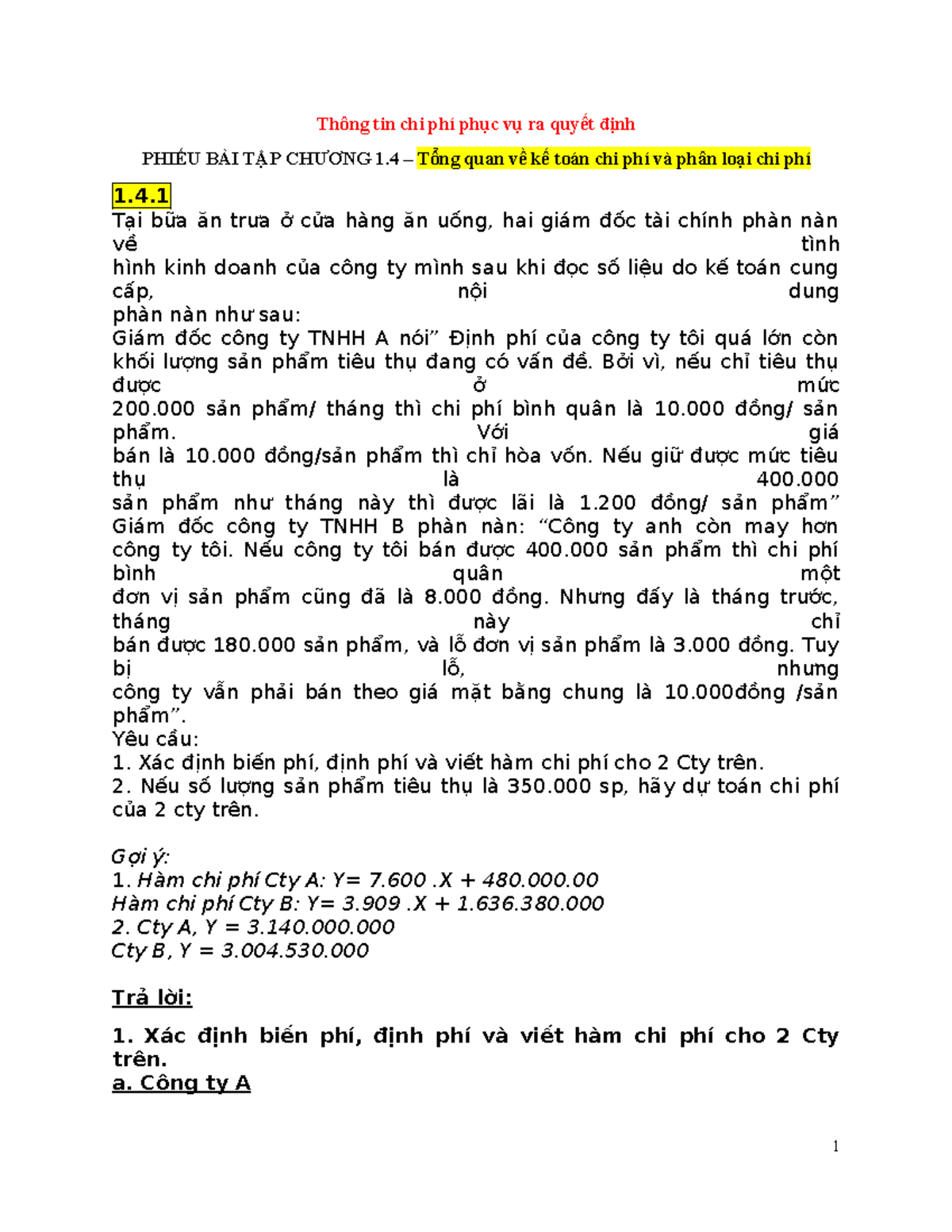 Phiếu bài tập chương 1 - Thông tin chi phí phục vụ ra quyết định ...