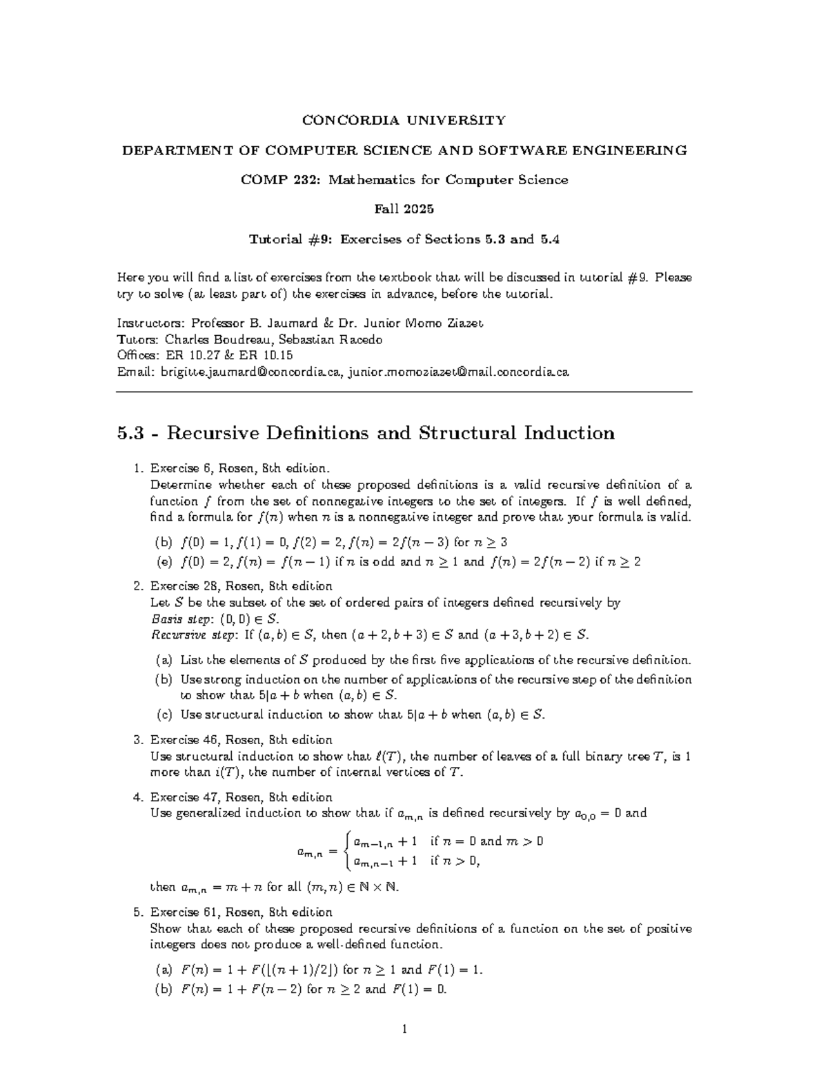 Tutorial Exercises for COMP 232: Math for CS - Fall 2025 W9 - Studocu