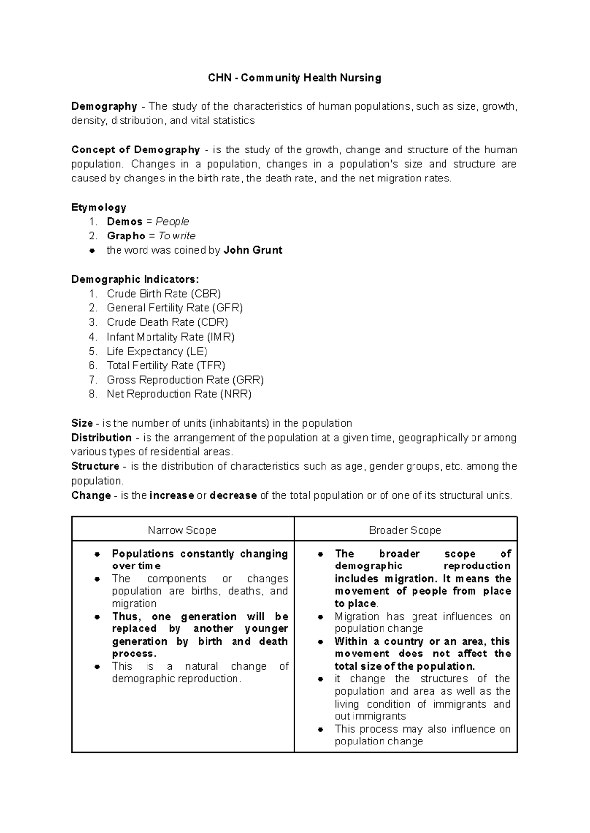 CHN Community Health Nursing: Demographic Indicators and Concepts - Studocu