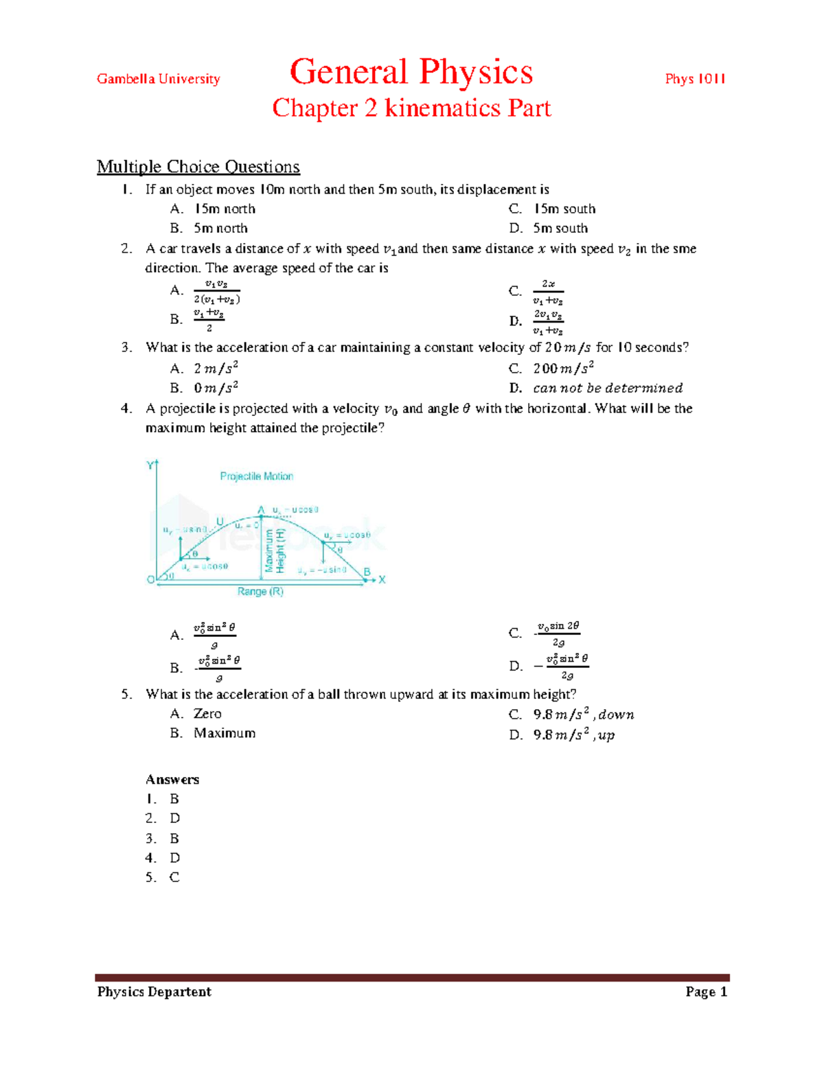 General Physics Phys 1011 Chapter 2 Kinematics MCQs & Problems - Studocu