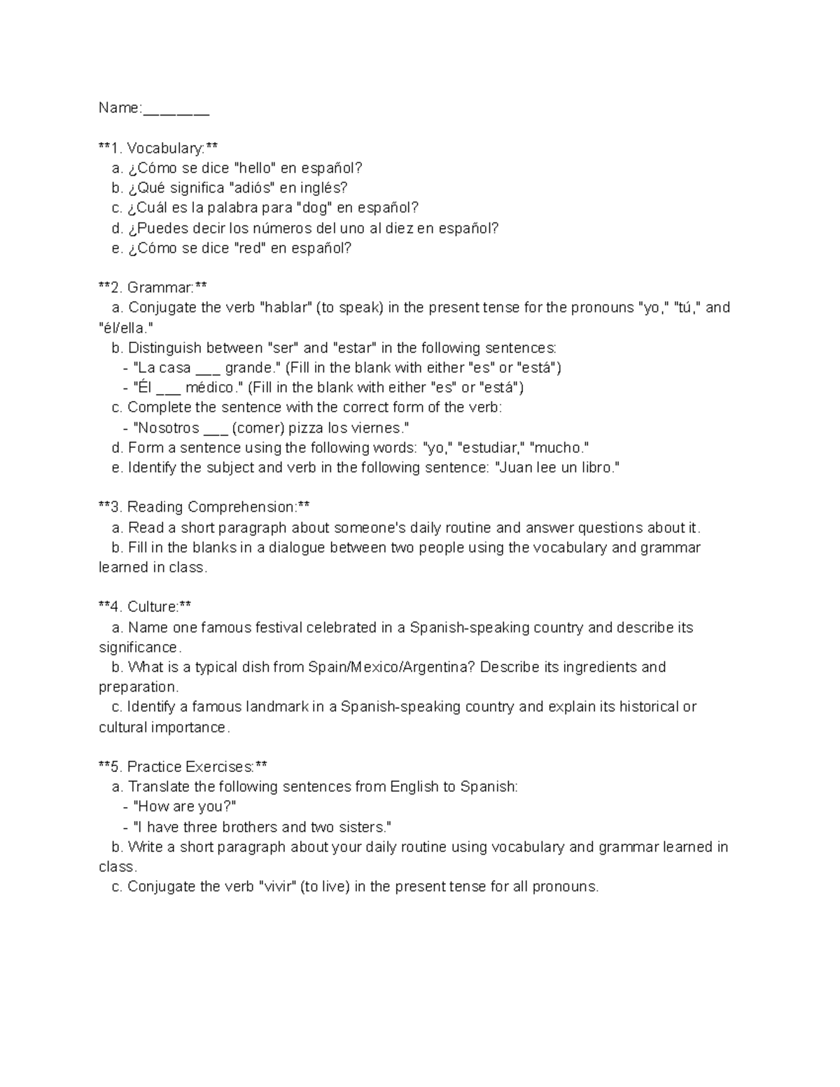 Spanish 1 Study Guide: Vocabulary, Grammar, Reading & Culture - Studocu