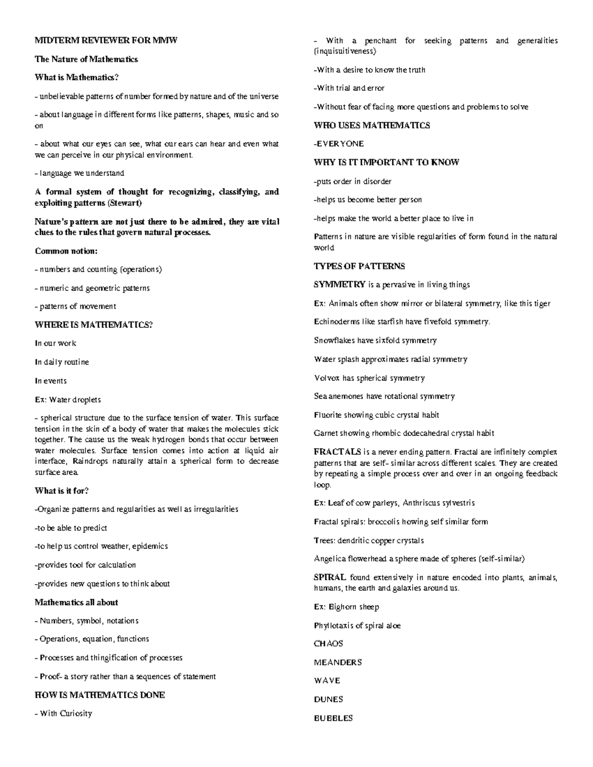 Midterm Review Notes for MMW: Understanding Patterns in Mathematics ...