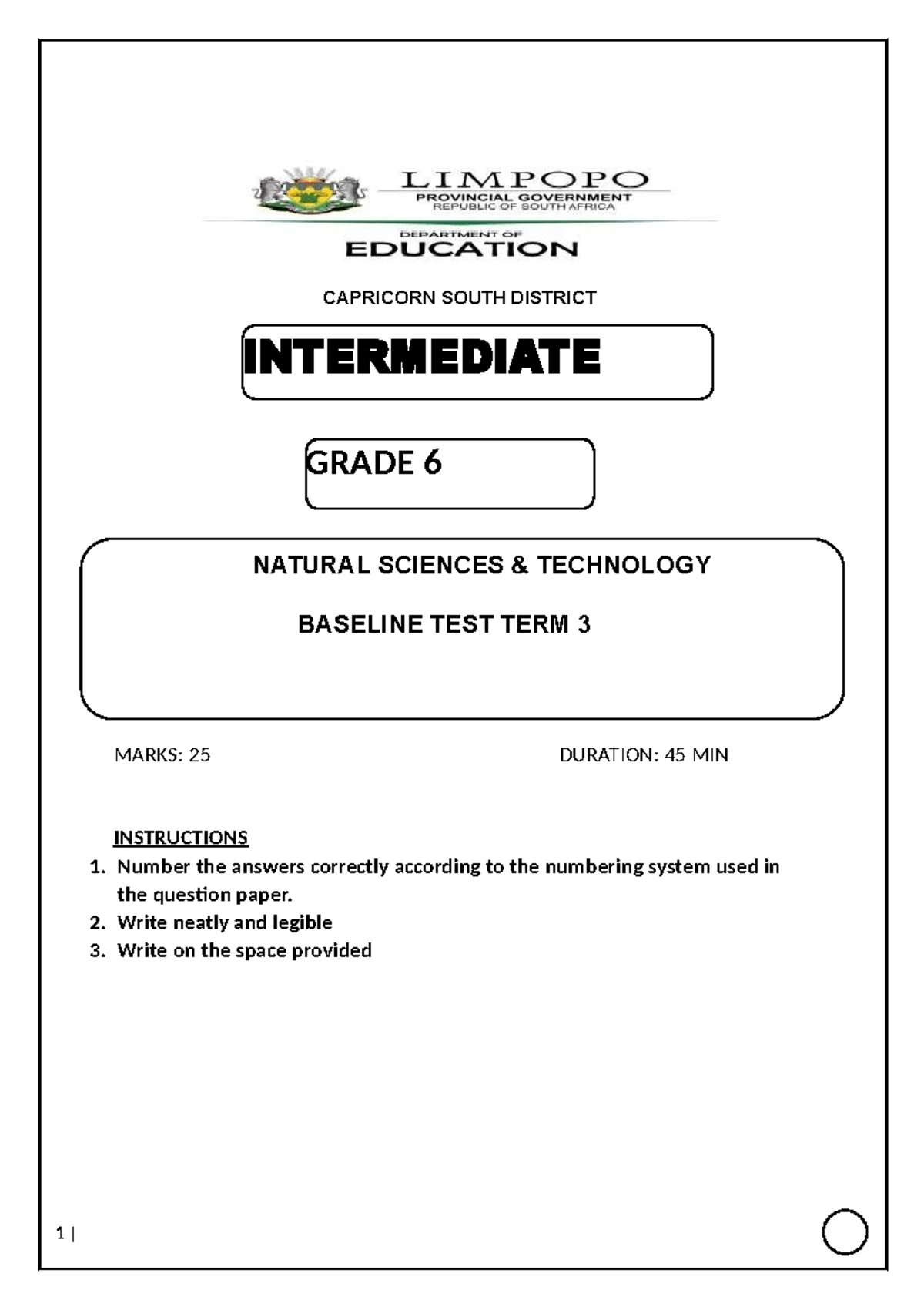 Grade 6 NST Term 3 Baseline Test 2025: Natural Sciences & Technology ...
