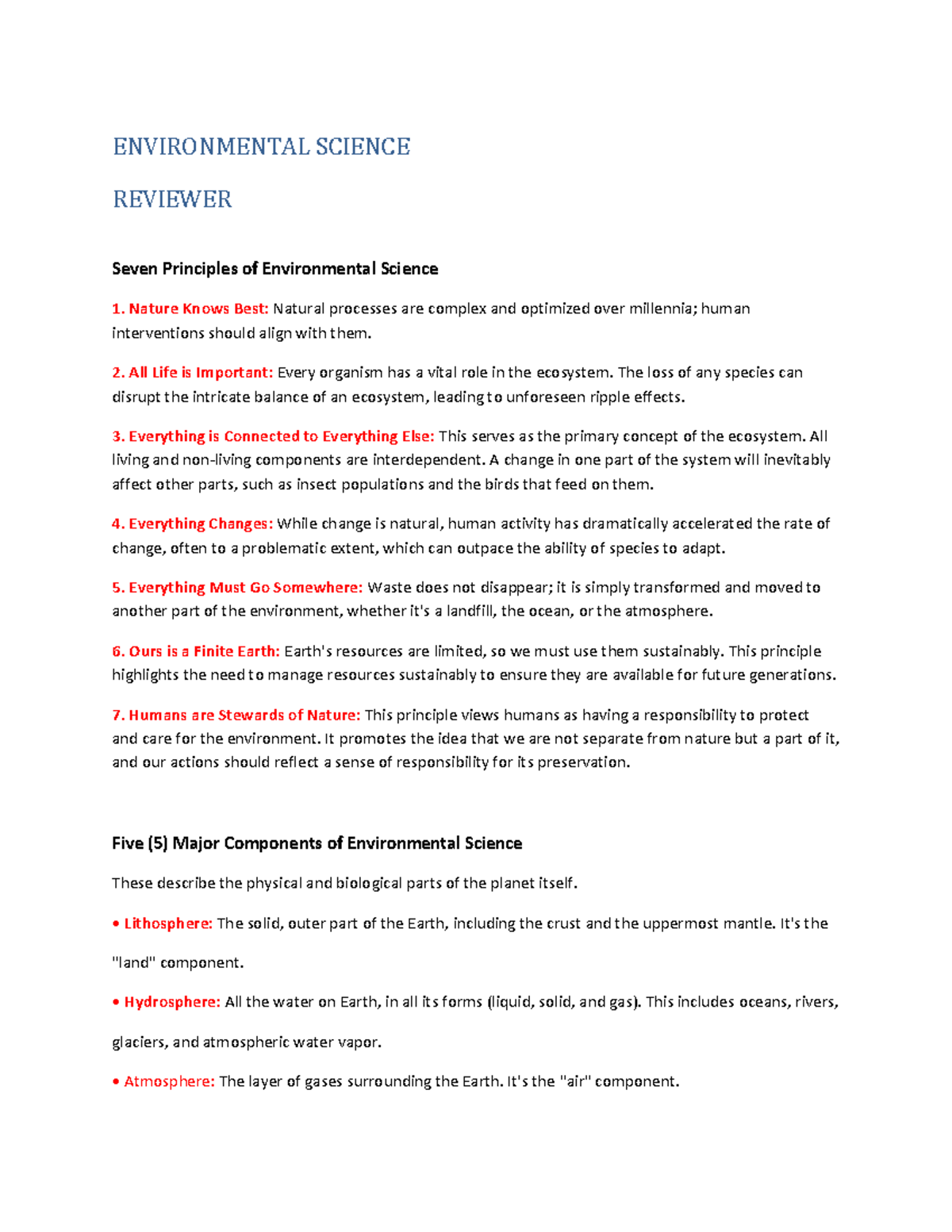 ENVIRONMENTAL SCIENCE REVIEWER: Key Principles & Components - Studocu