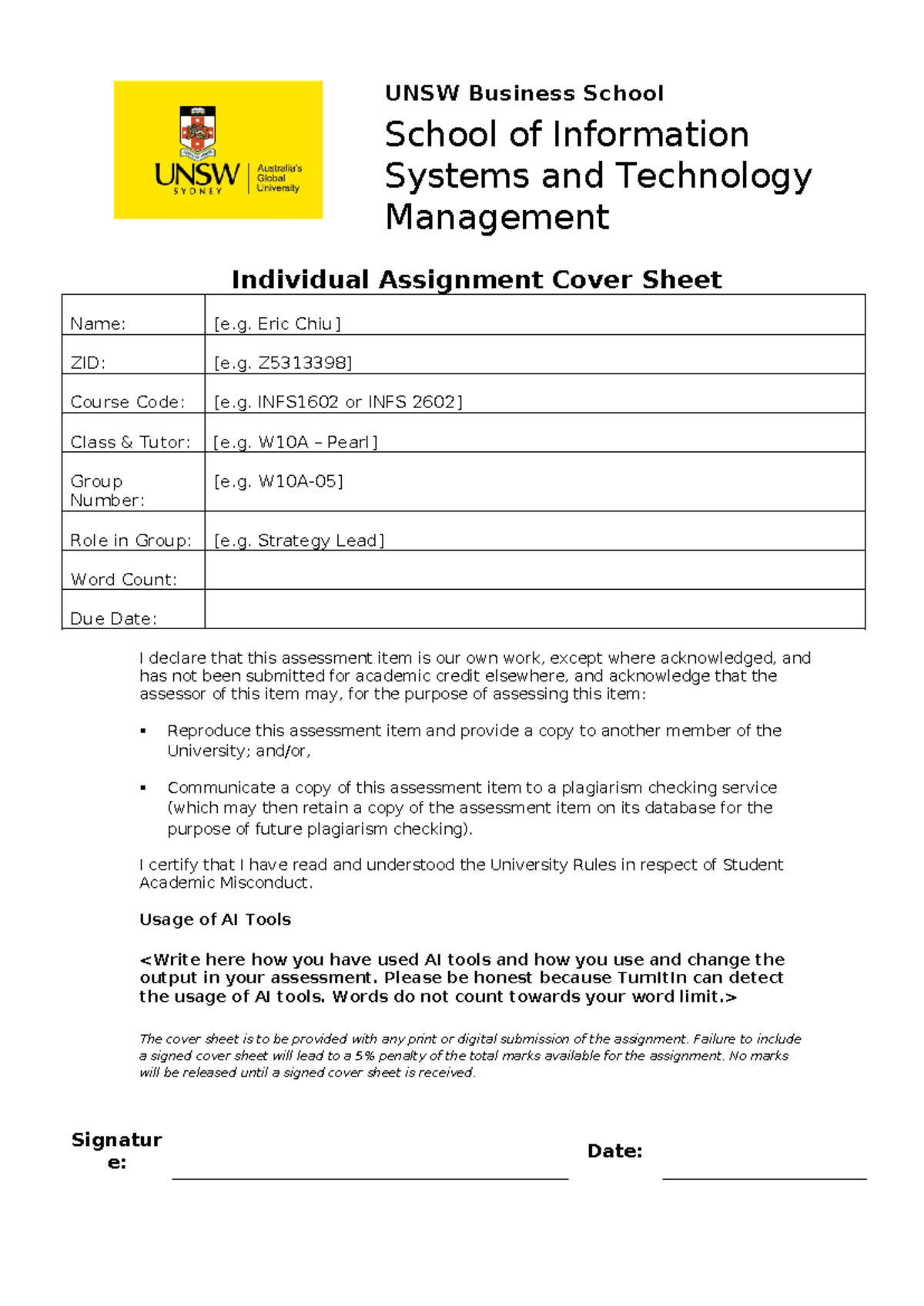 INFS1602 Individual Assignment Cover Sheet Template - Studocu
