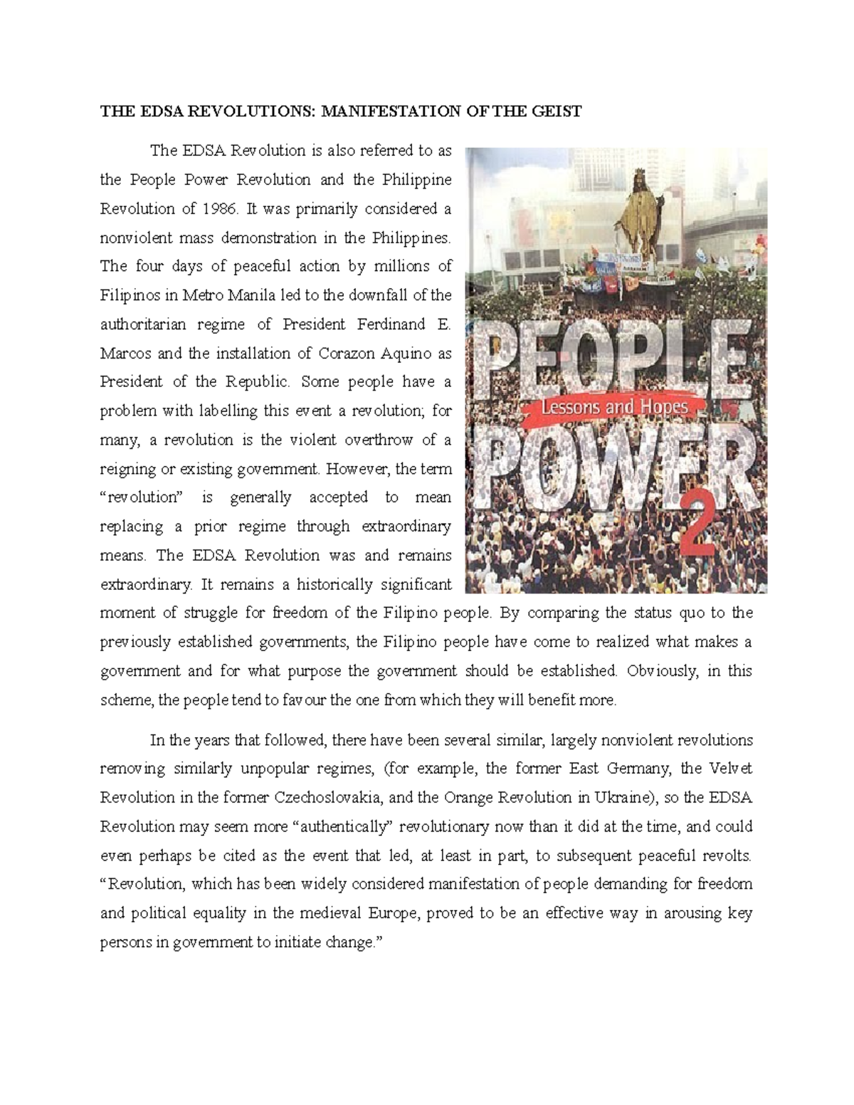 READINGS IN PHILIPPINE HISTORY: THE EDSA REVOLUTIONS & THEIR IMPACT ...