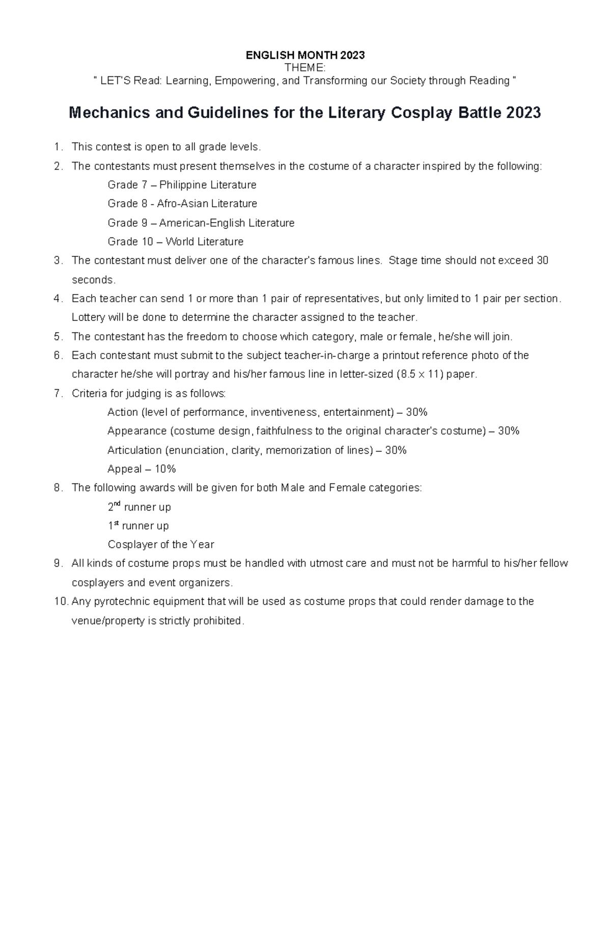 Cosplay Mechanics for Literary Battle 2023: Guidelines and Judging ...