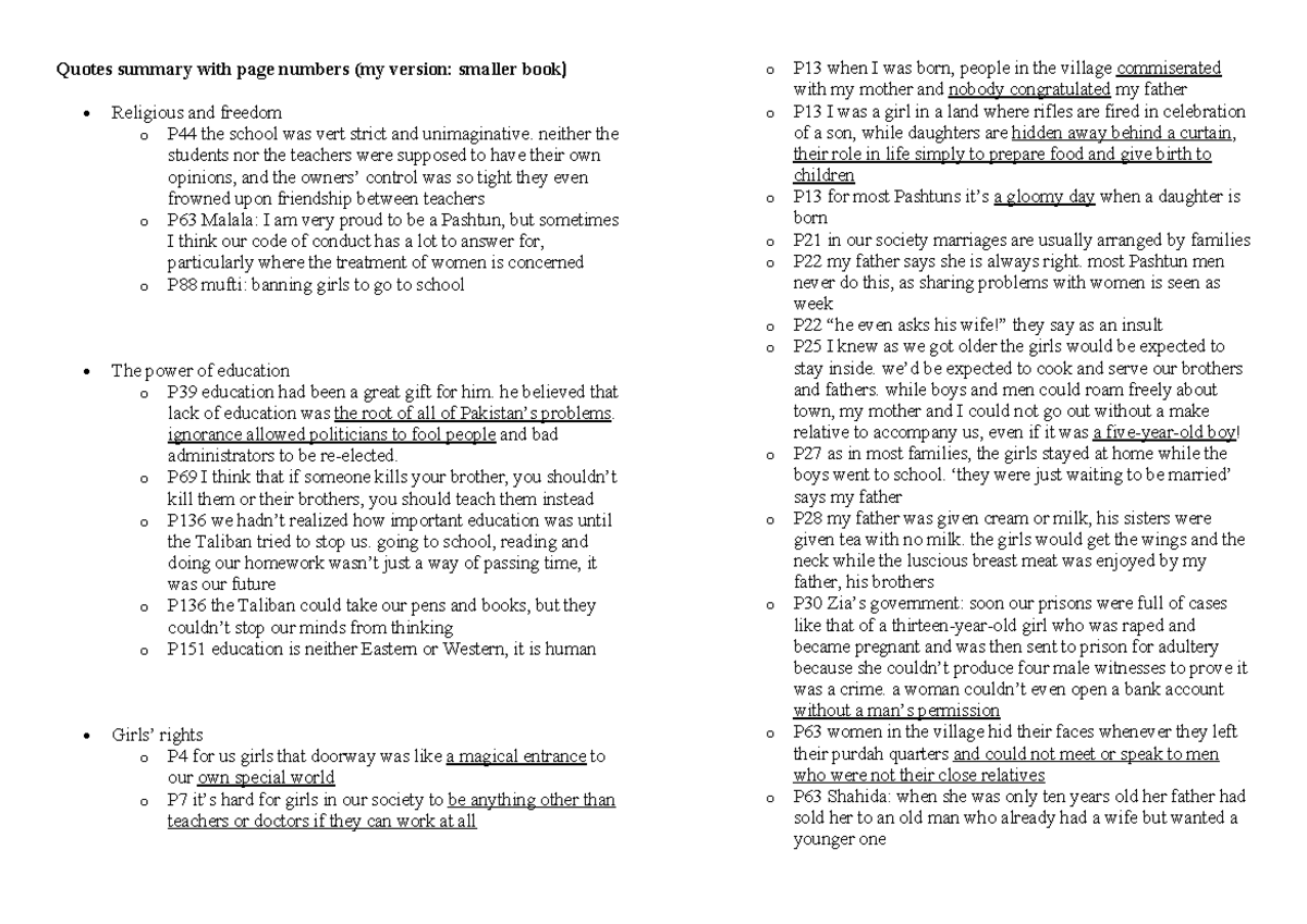 Malala Quotes Summary: Key Insights on Education & Girls' Rights - Studocu
