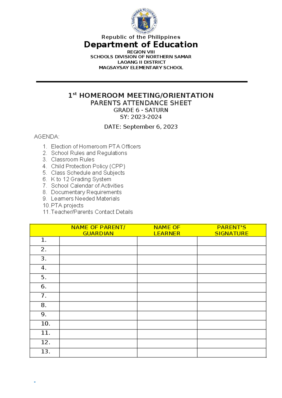 Grade 6 Saturn Homeroom PTA Meeting Minutes & Attendance Sheet - Studocu